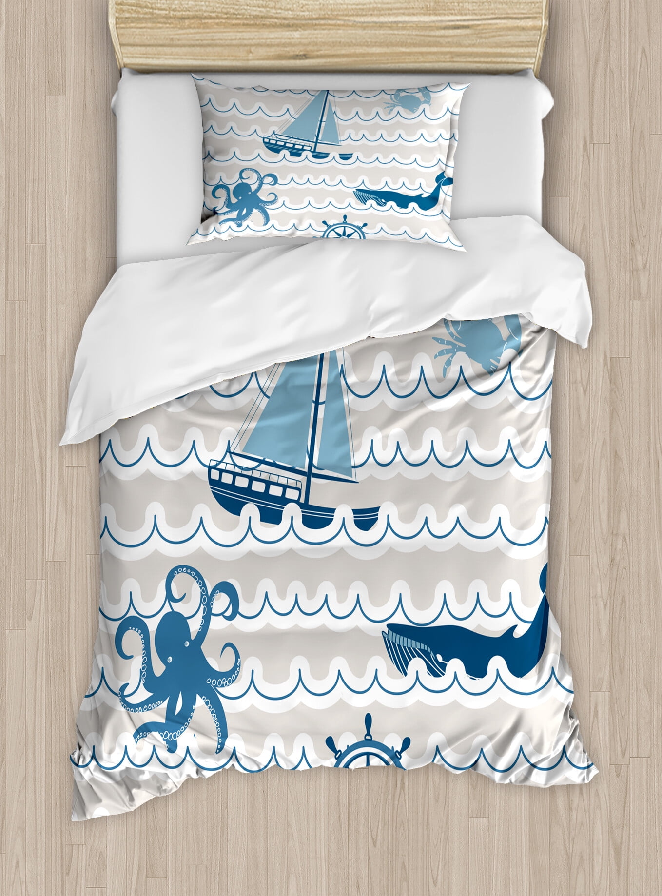 Nautical Duvet Cover Set, Wave Pattern Marine Elements Octopus Crab ...