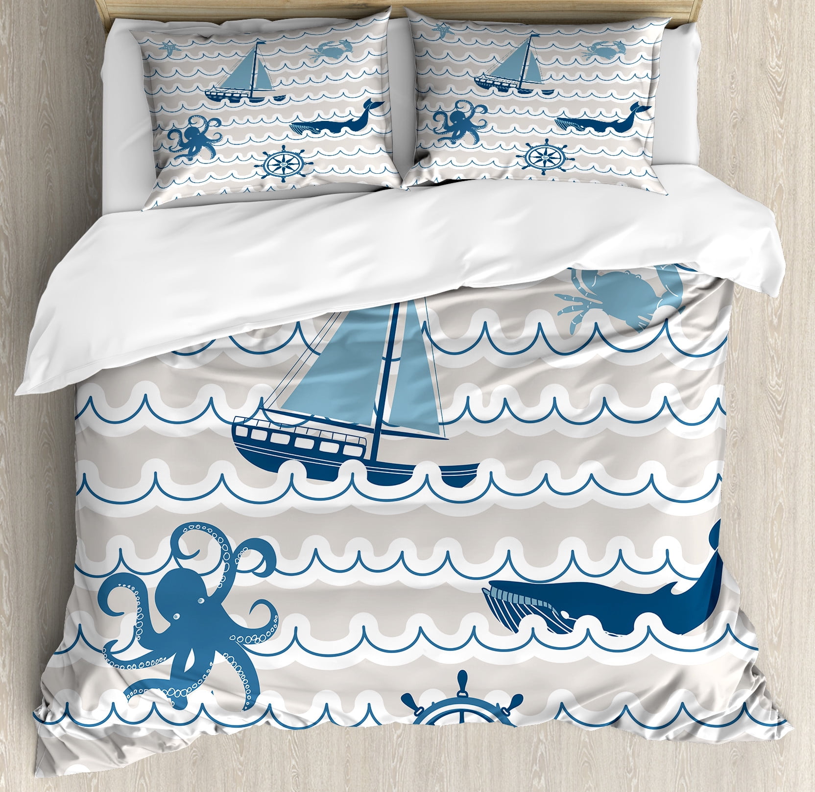 Nautical Duvet Cover Set, Wave Pattern Marine Elements Octopus Crab ...