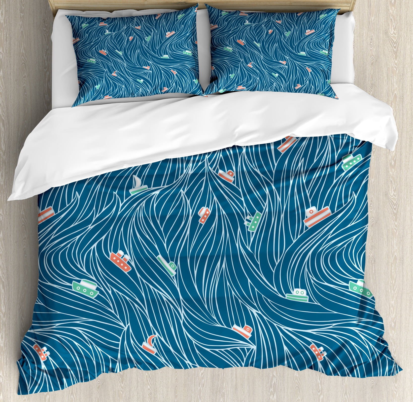 Nautical Duvet Cover Set, Waves Ships Cartoon Nautical Sailboat ...