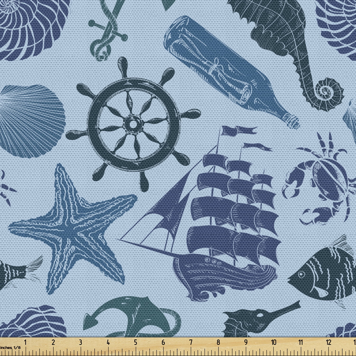Nautical Fabric by the Yard, Marine Art of Anchor Seahorse Sailboat ...