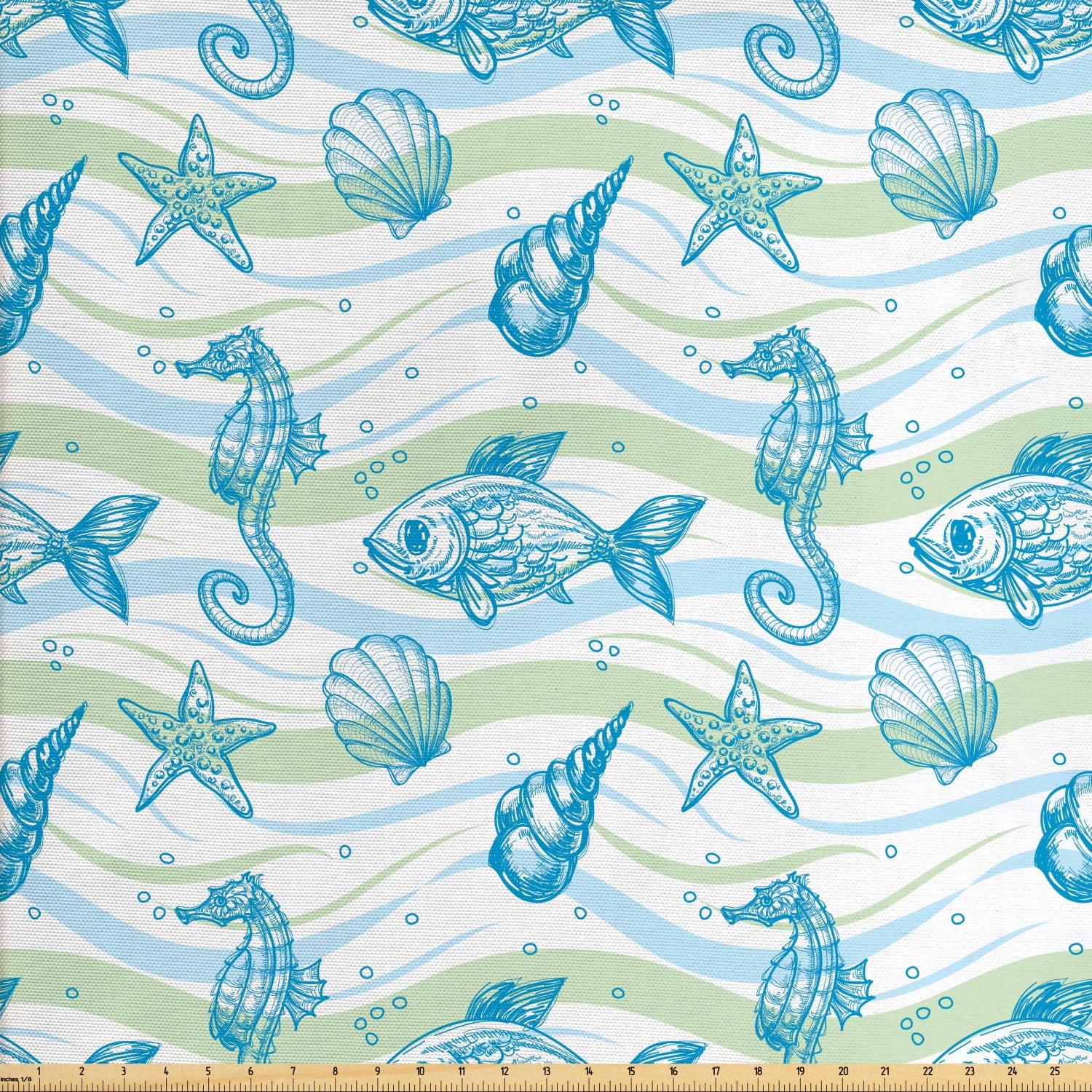 Nautical Fabric by the Yard, Marine Ocean Shell Starfish Oyster Mollusk ...