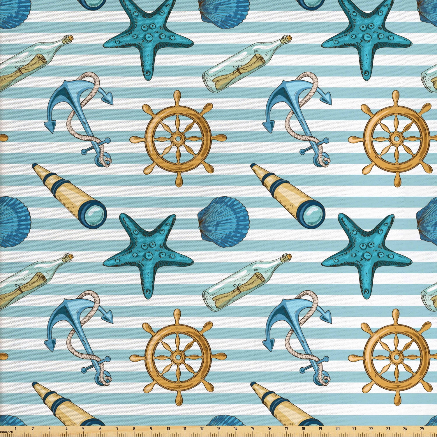 Ambesonne Nautical Fabric by the Yard Upholstery, Anchor Wheel Starfish ...