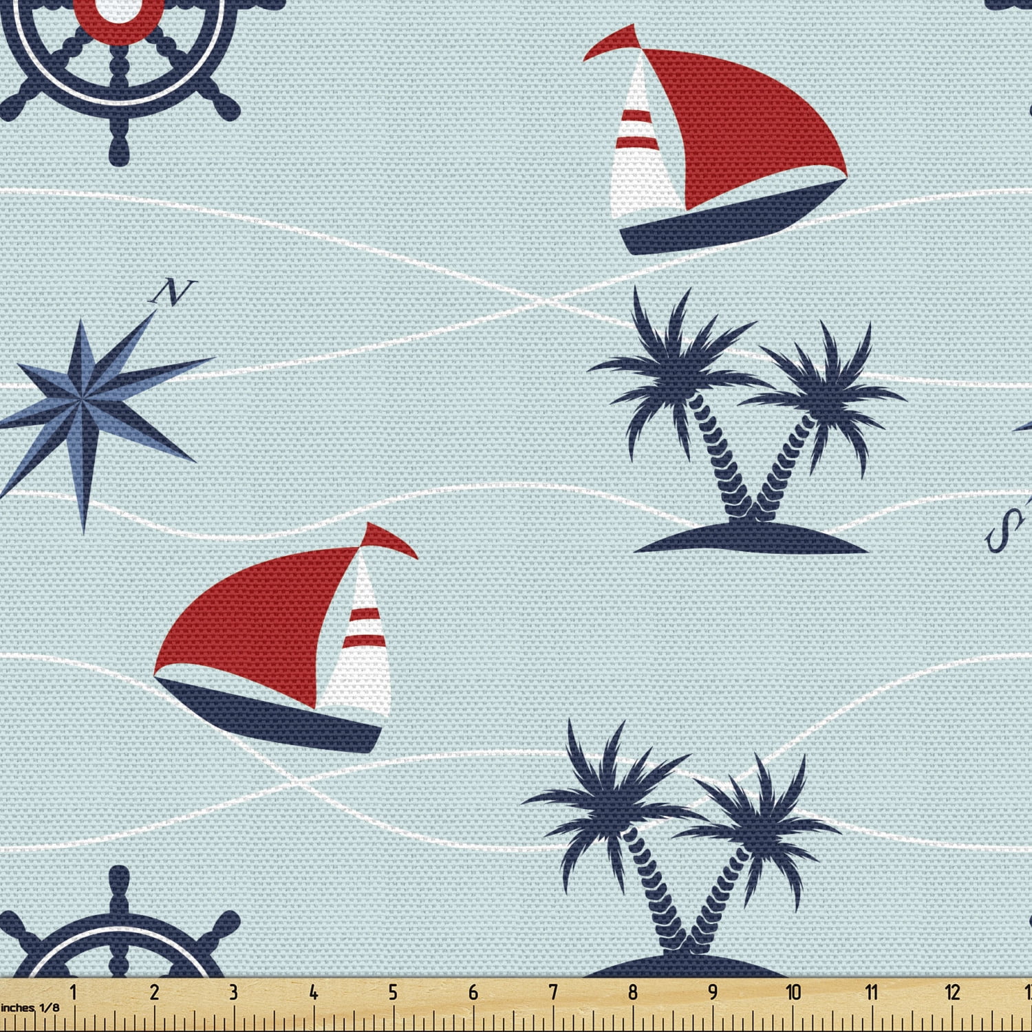 Nautical Fabric by the Yard, Sail Boats at Sea Waves Marine Palm Trees ...
