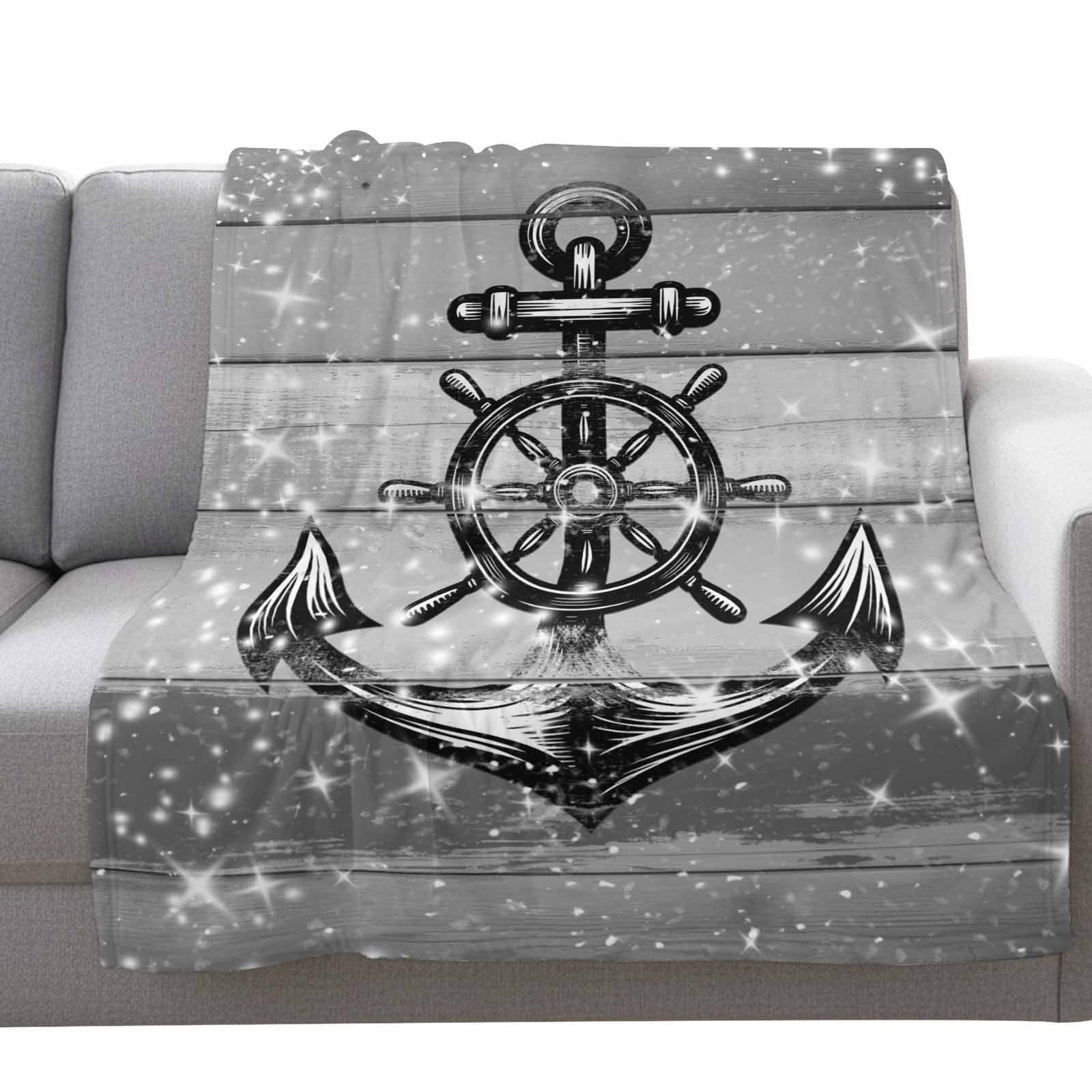 Nautical Fleece Throw Blanket Lightweight Vintage Black Anchor Rudder ...