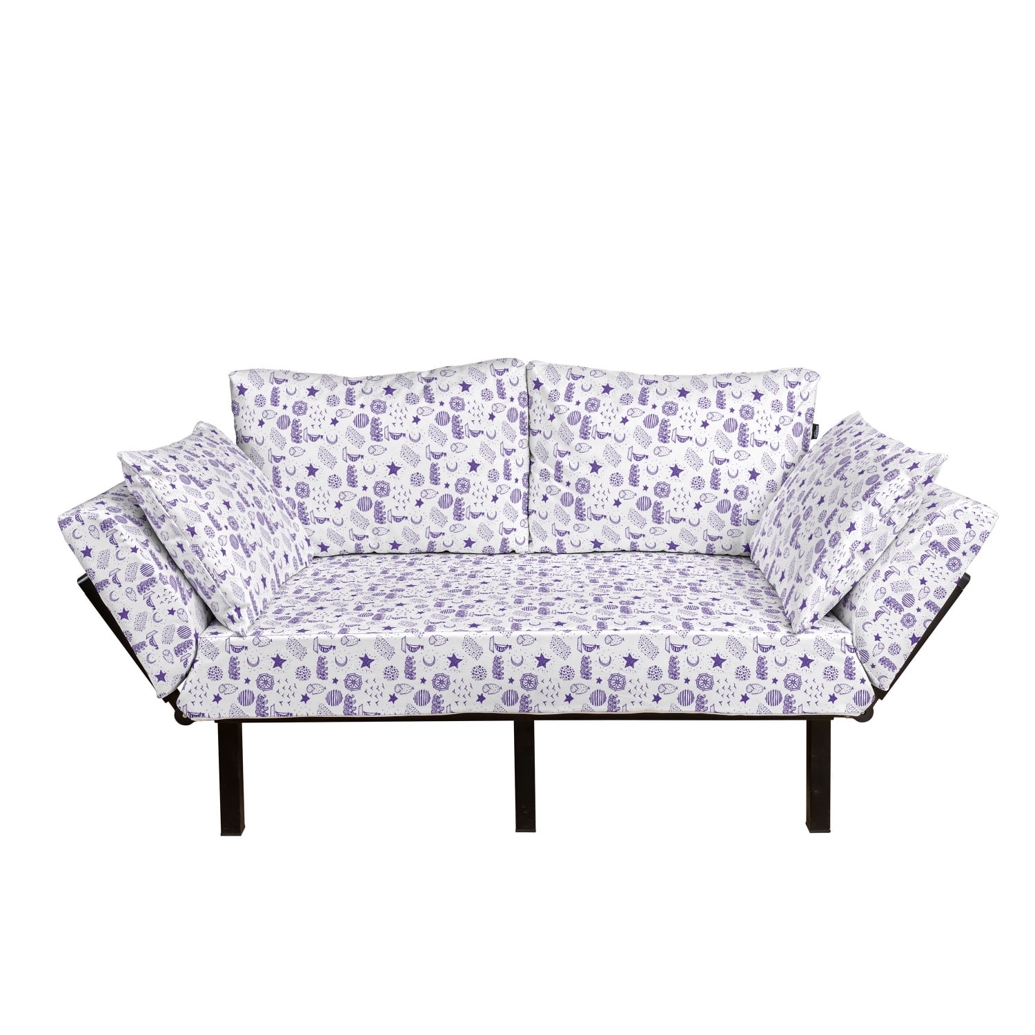 Nautical Futon Couch, Hand Drawn Boat Stars Flying Gulls Crescent Moon ...