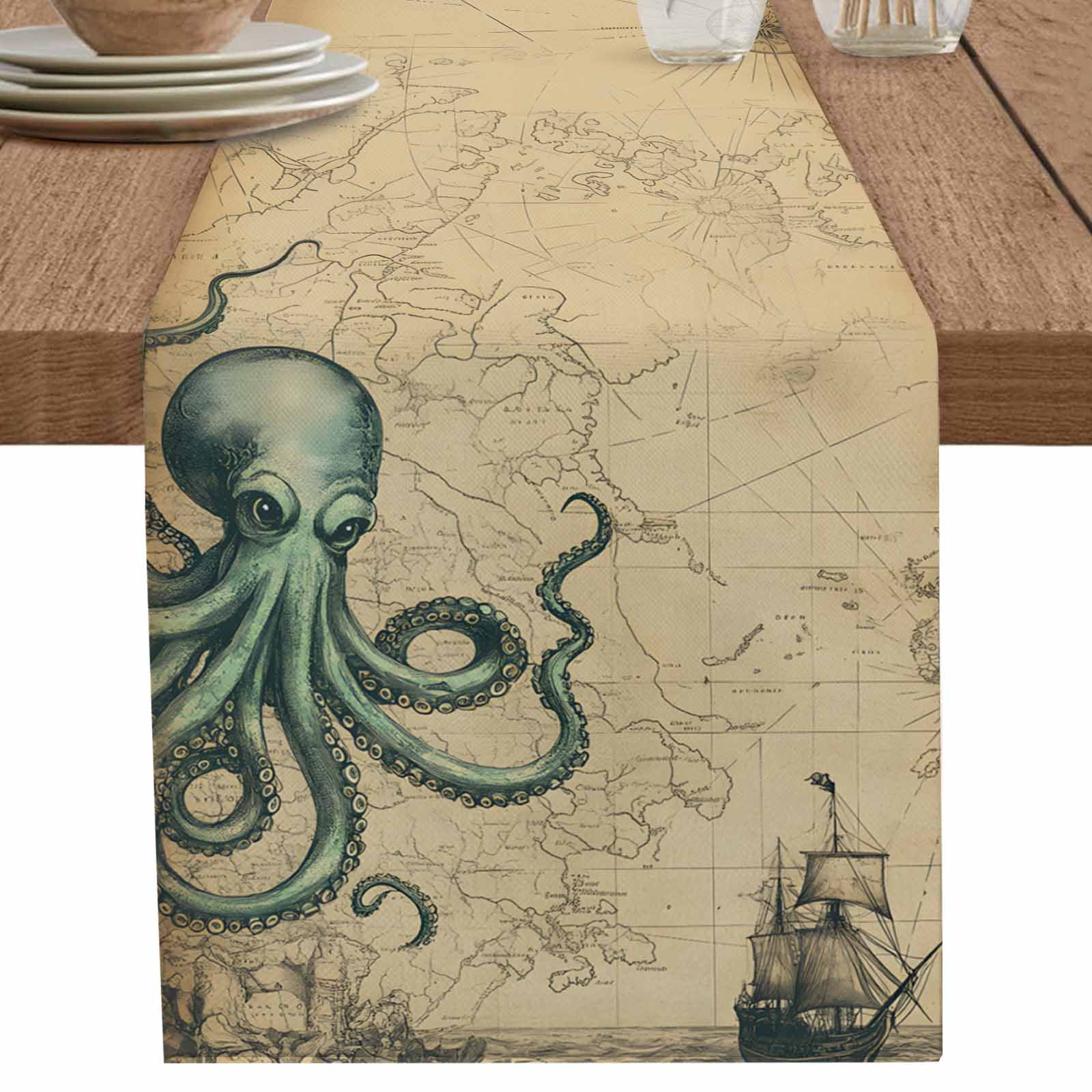 Nautical Green Octopus on Retro Map Table Runner-70 Inch Long Summer ...