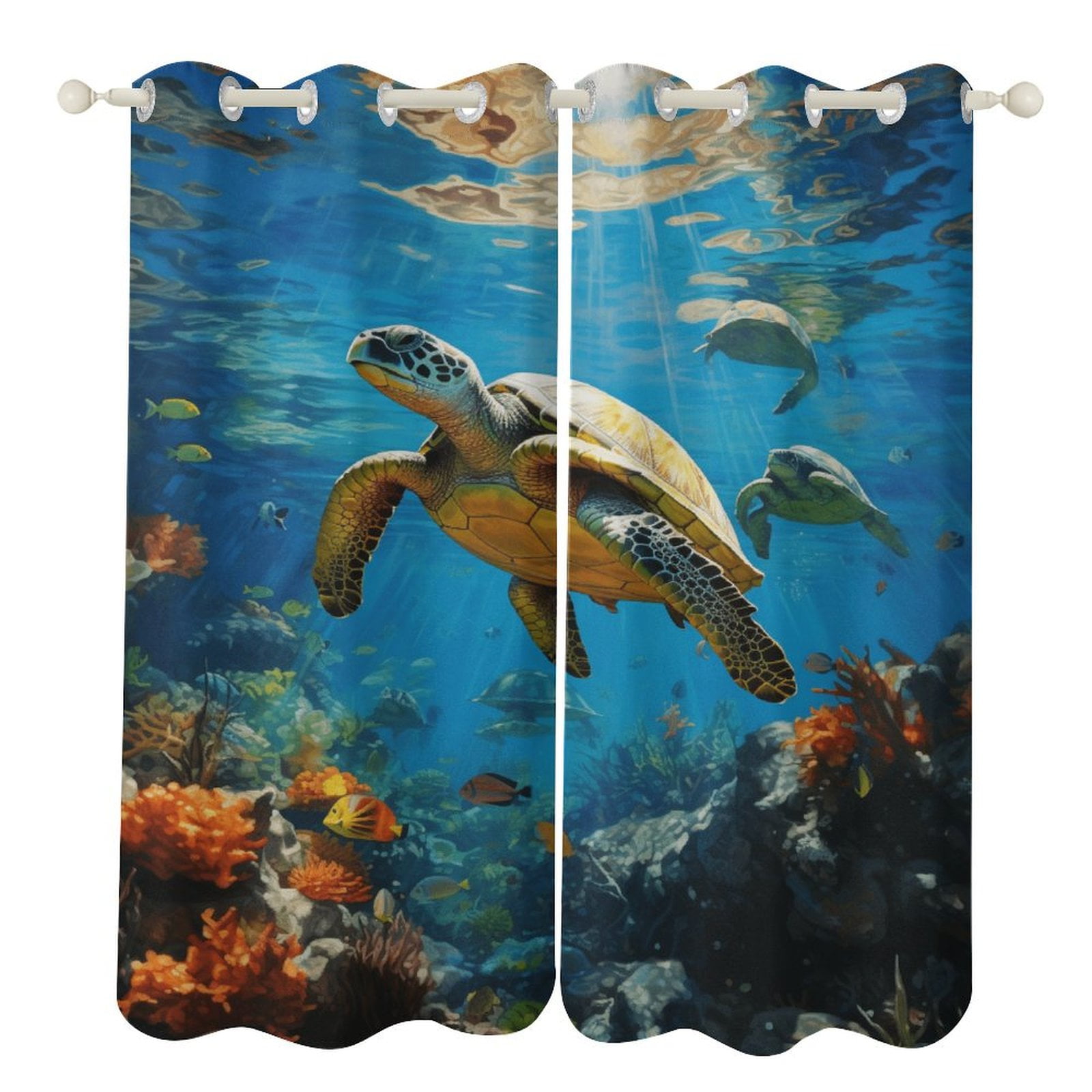 Nautical Green Sea Turtles 2 Panel Curtain Set, Watercolor Painting ...