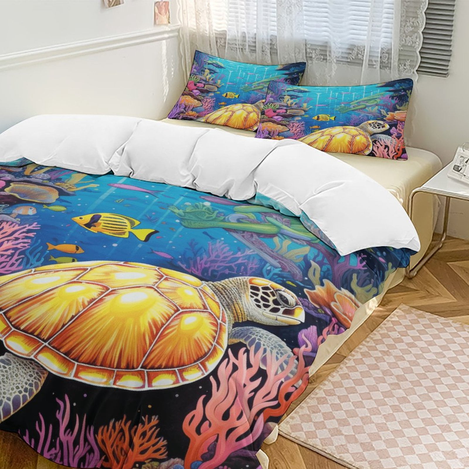 Nautical Green Sea Turtles Duvet Cover Set Themed Multicolor Polyester ...