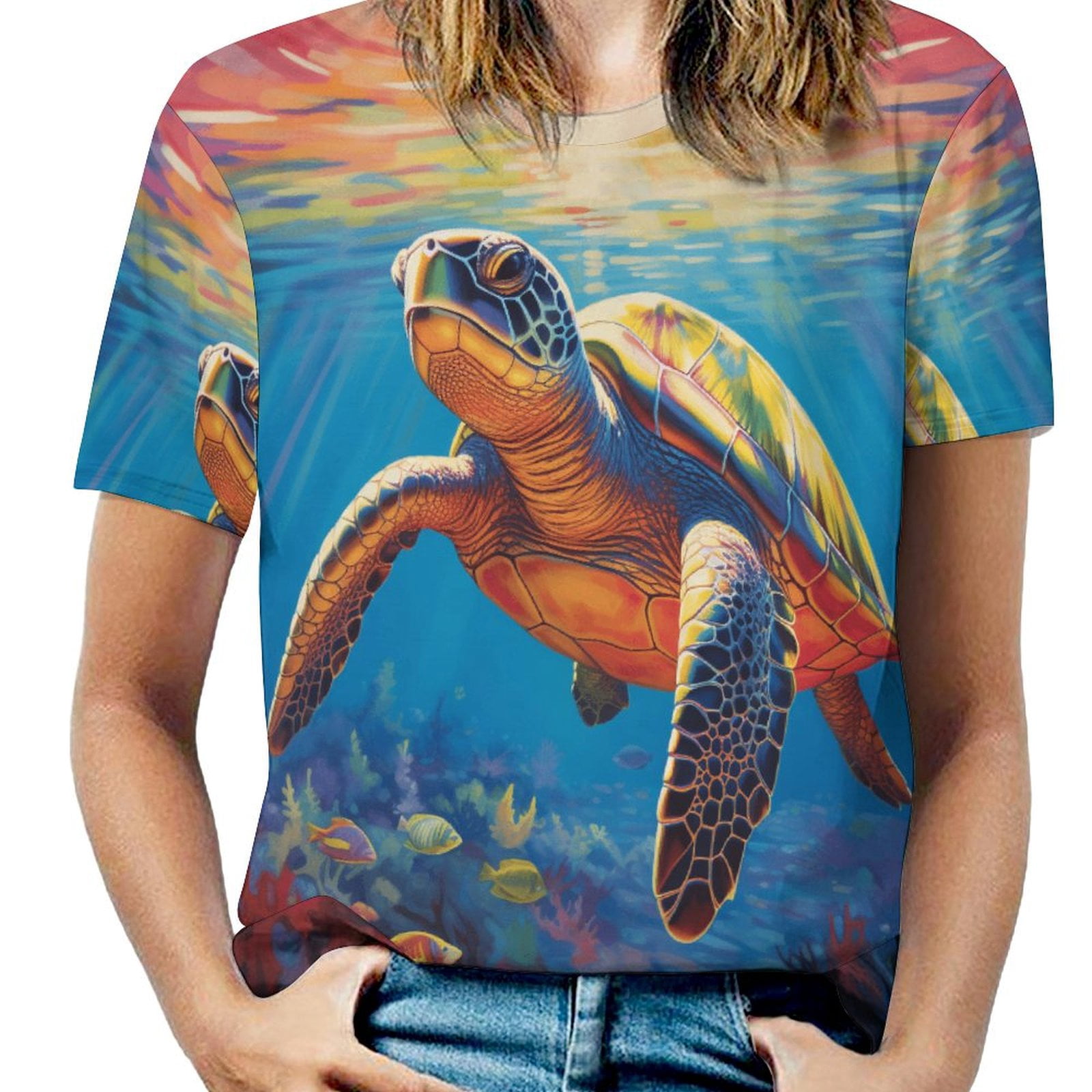Nautical Green Sea Turtles Women's Short Sleeve Tops Casual Blouses T ...
