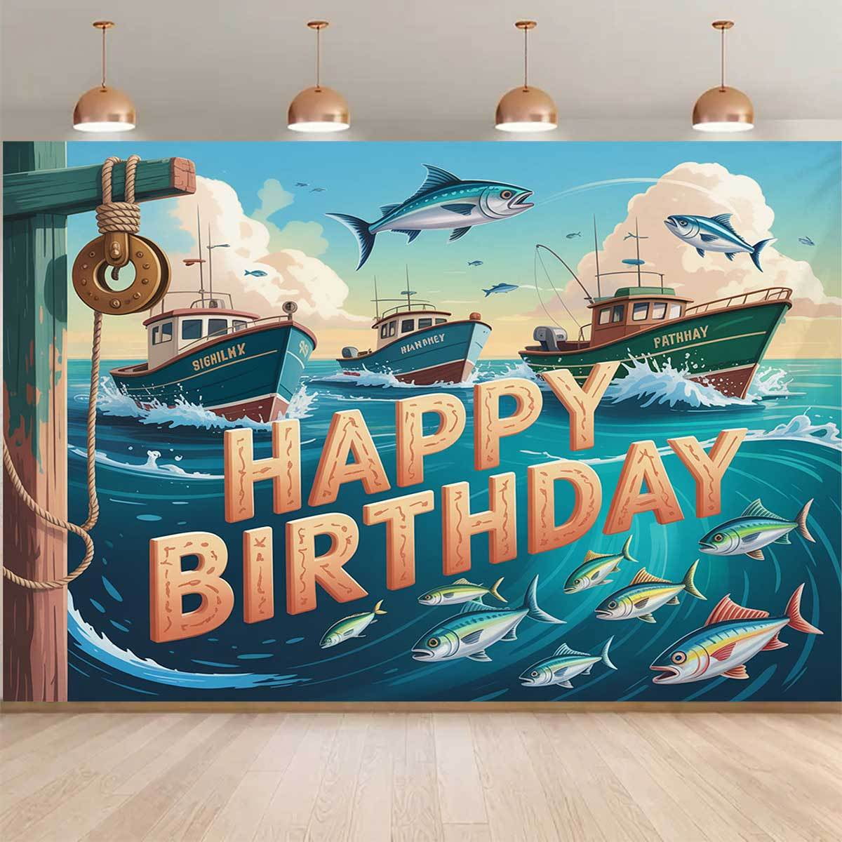 Nautical Happy Birthday Backdrop Fish Sailboat Ocean Sailing Theme Baby ...