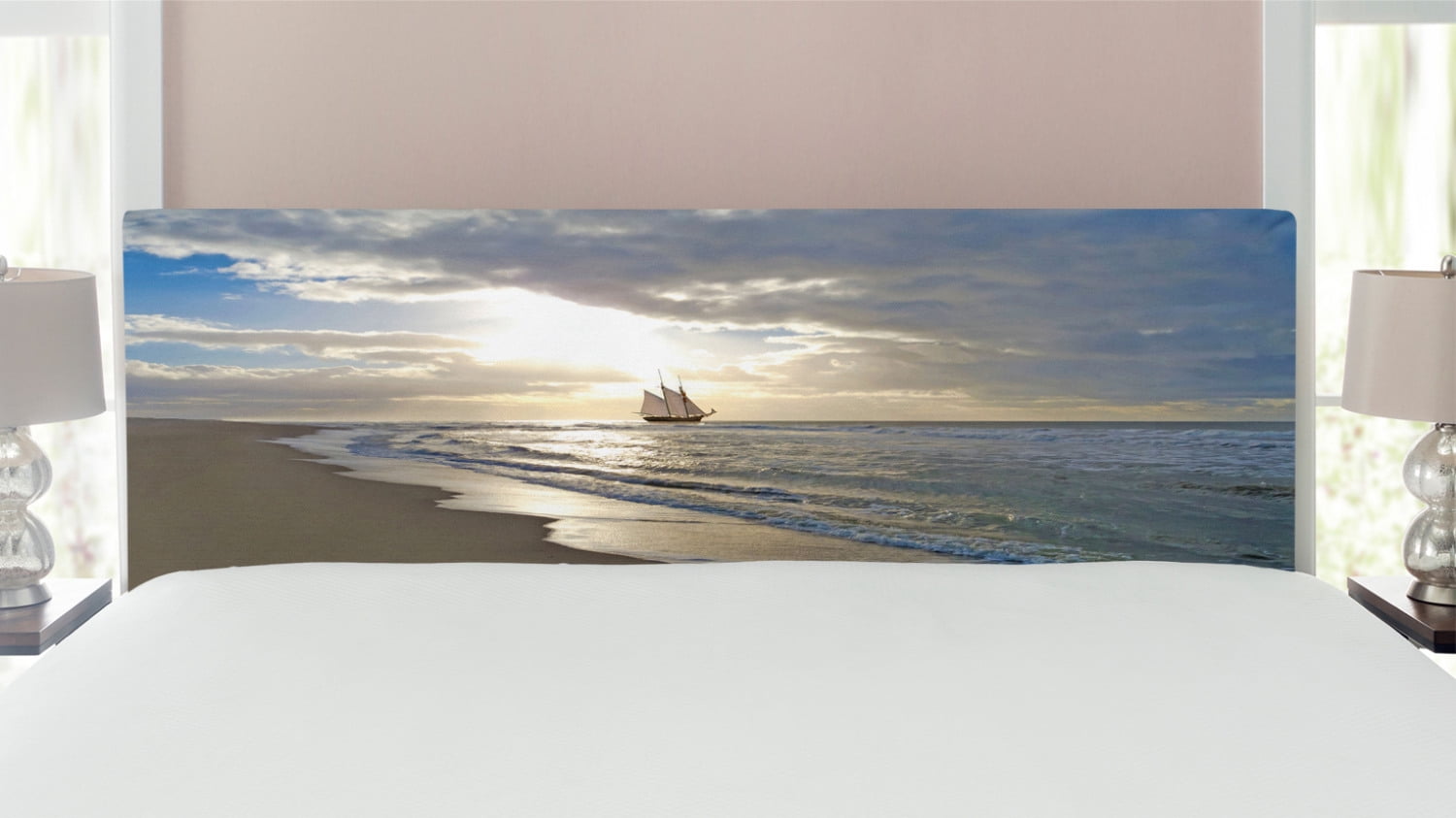 Nautical Headboard, Sailing Ship Close to Sandy Beach in Moody Sunset ...