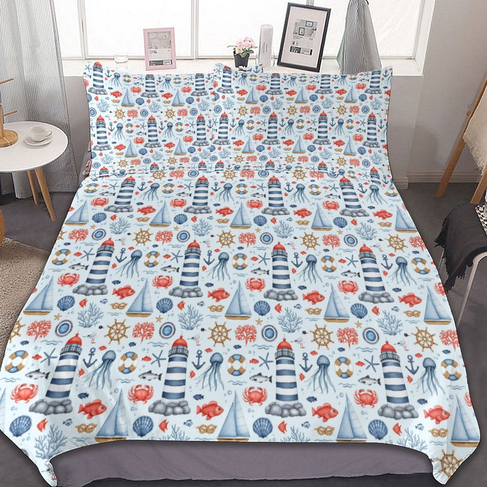 Nautical Helms Lighthouse Anchors Fish Octopus Full Bedding Sets 3 ...