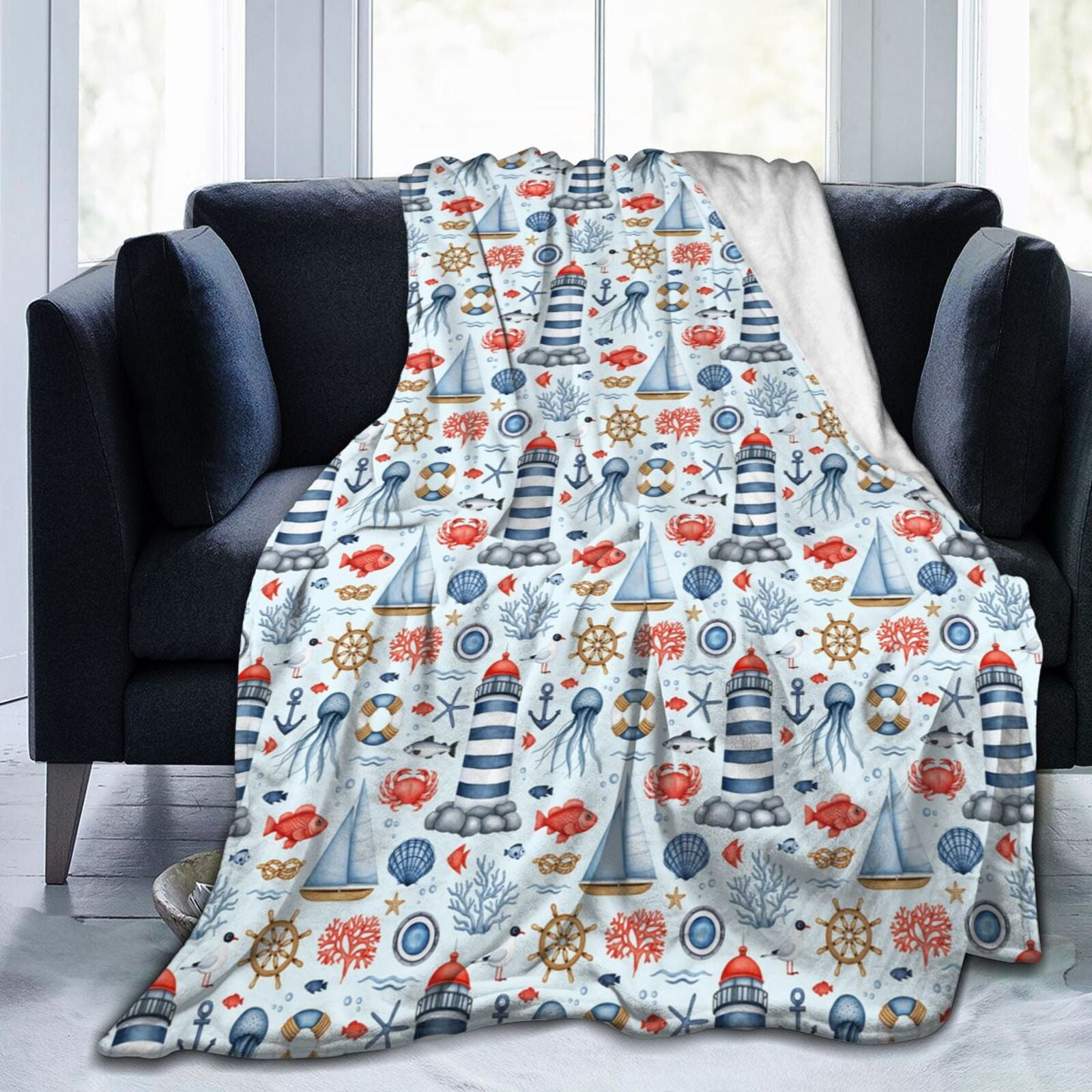 Nautical Helms Lighthouse Anchors Fish Octopus Throw Blanket Soft Cozy ...