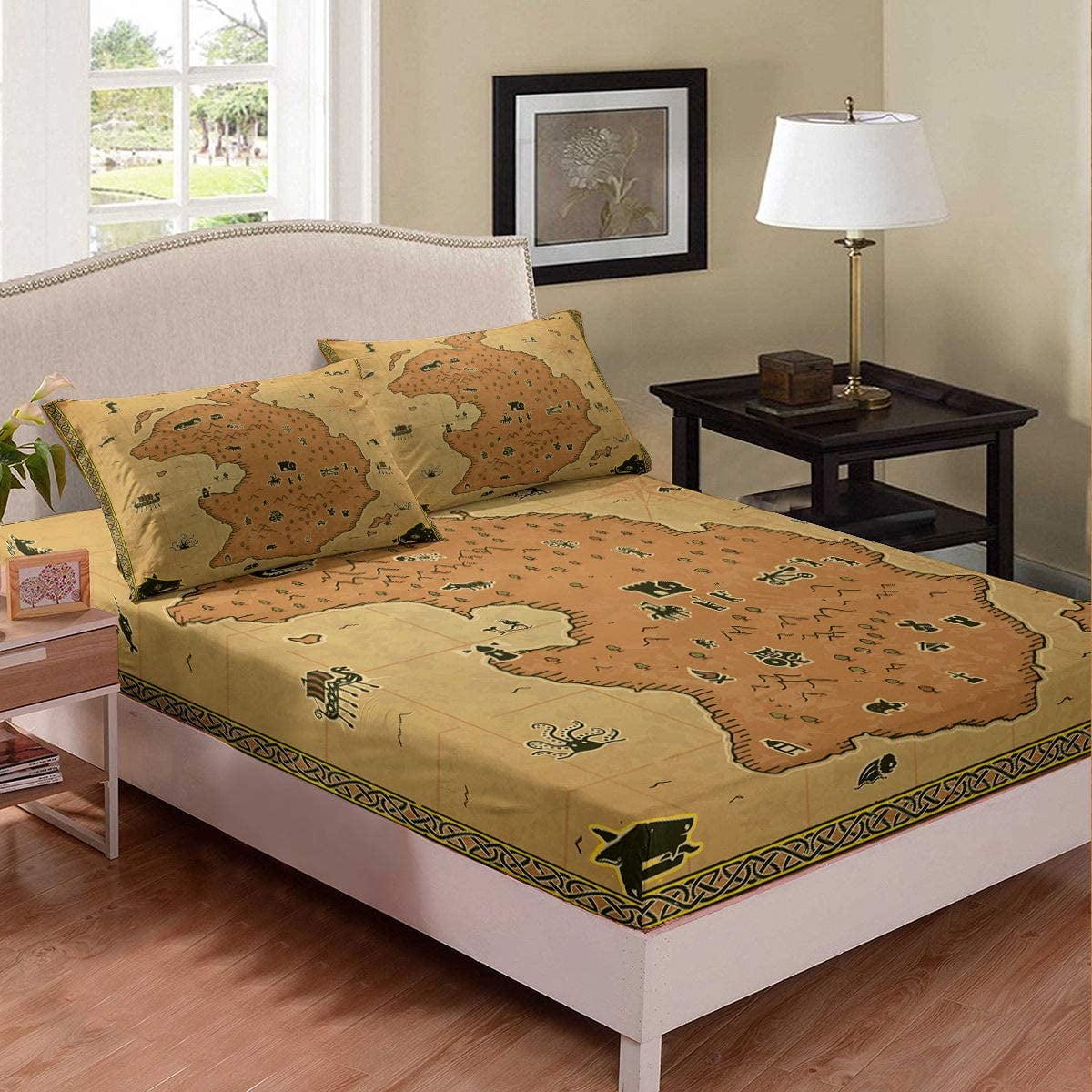 Nautical Island Map Fitted Sheet Kid Vintage Old Map Pirate Ship Bed ...