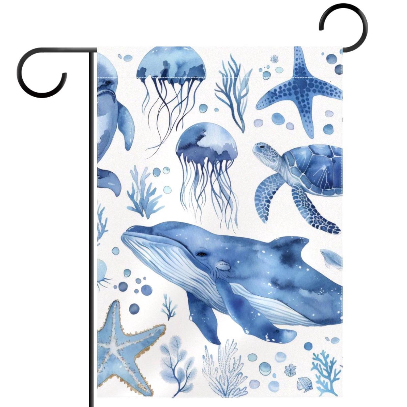 Nautical Jellyfish Starfish Watercolor Turtle Whale Coral Garden Flag ...