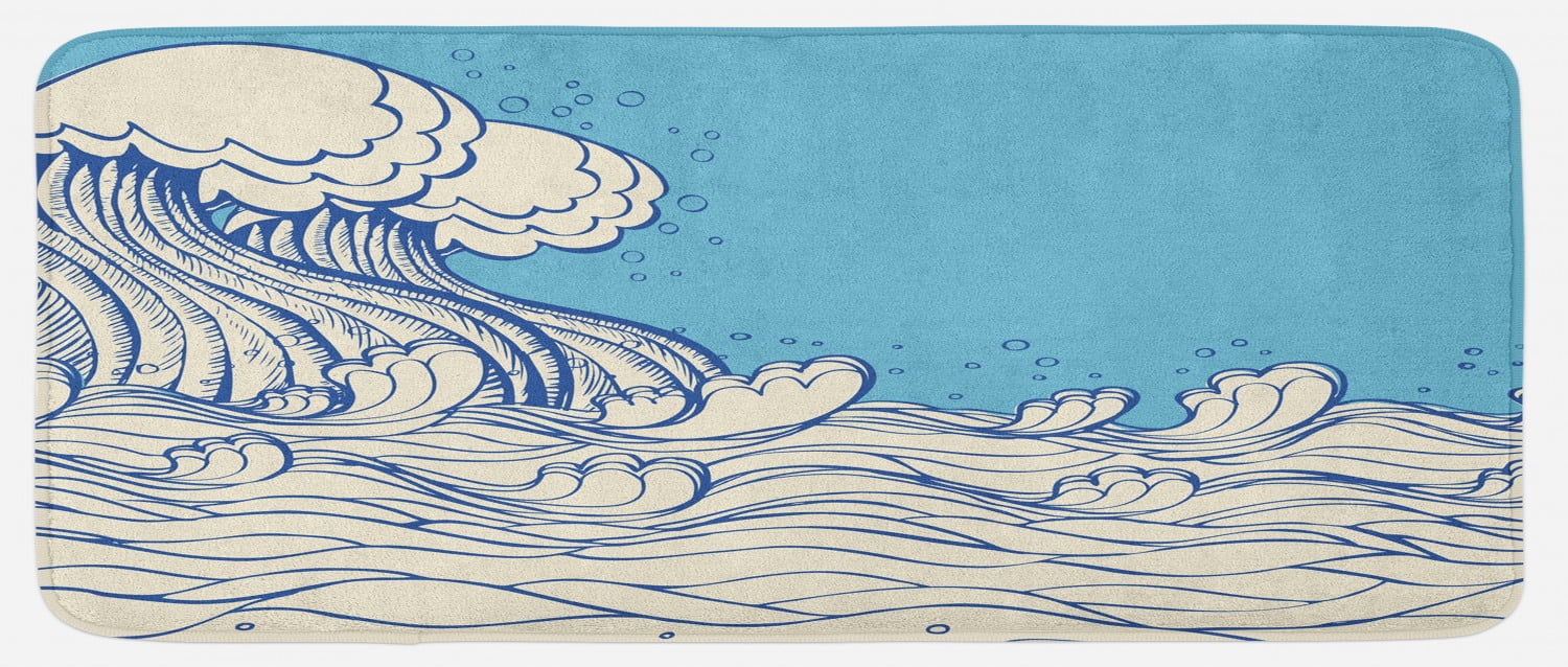 Nautical Kitchen Mat, Abstract Doodle Style Wave in the Ocean Sea Soft ...