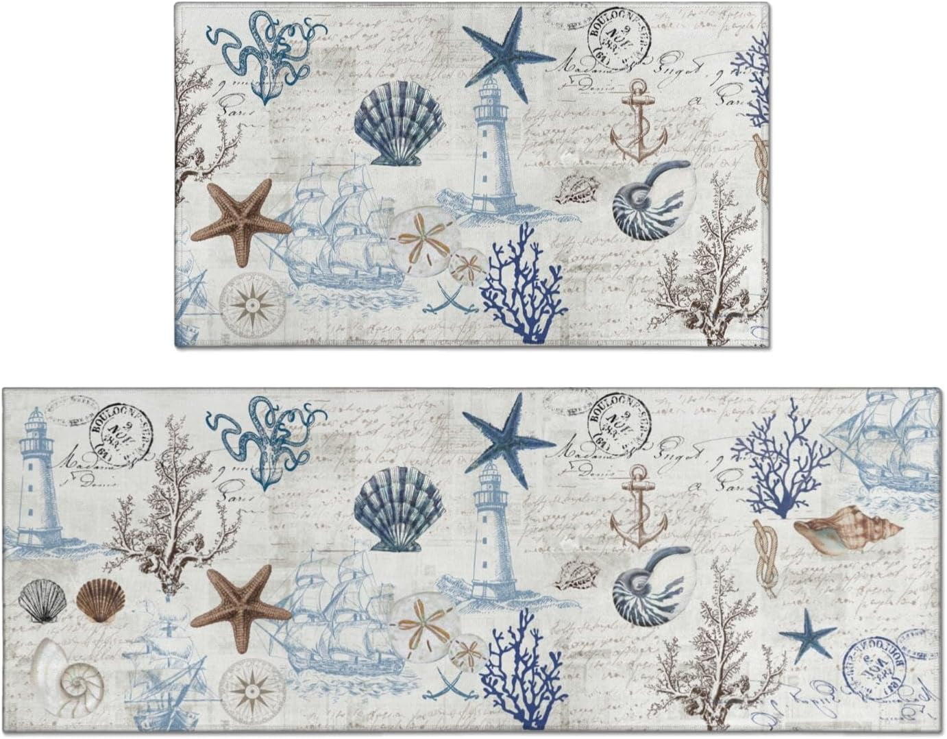 Nautical Kitchen Rug Set of 2,Ocean Themed Kitchen Decor Vintage Beach ...