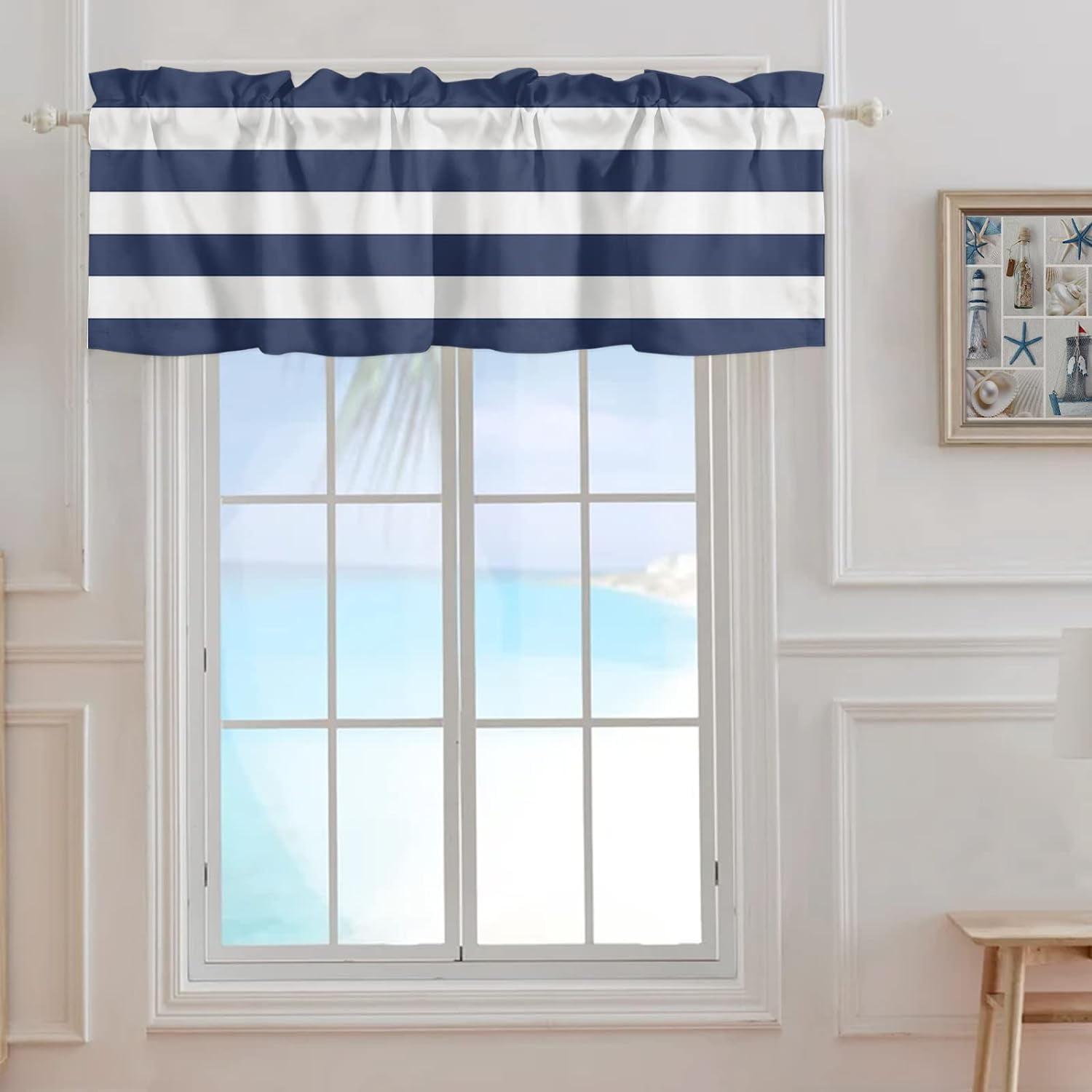 Nautical Kitchen Window Valances Navy Blue White Stripe Rod Pocket ...