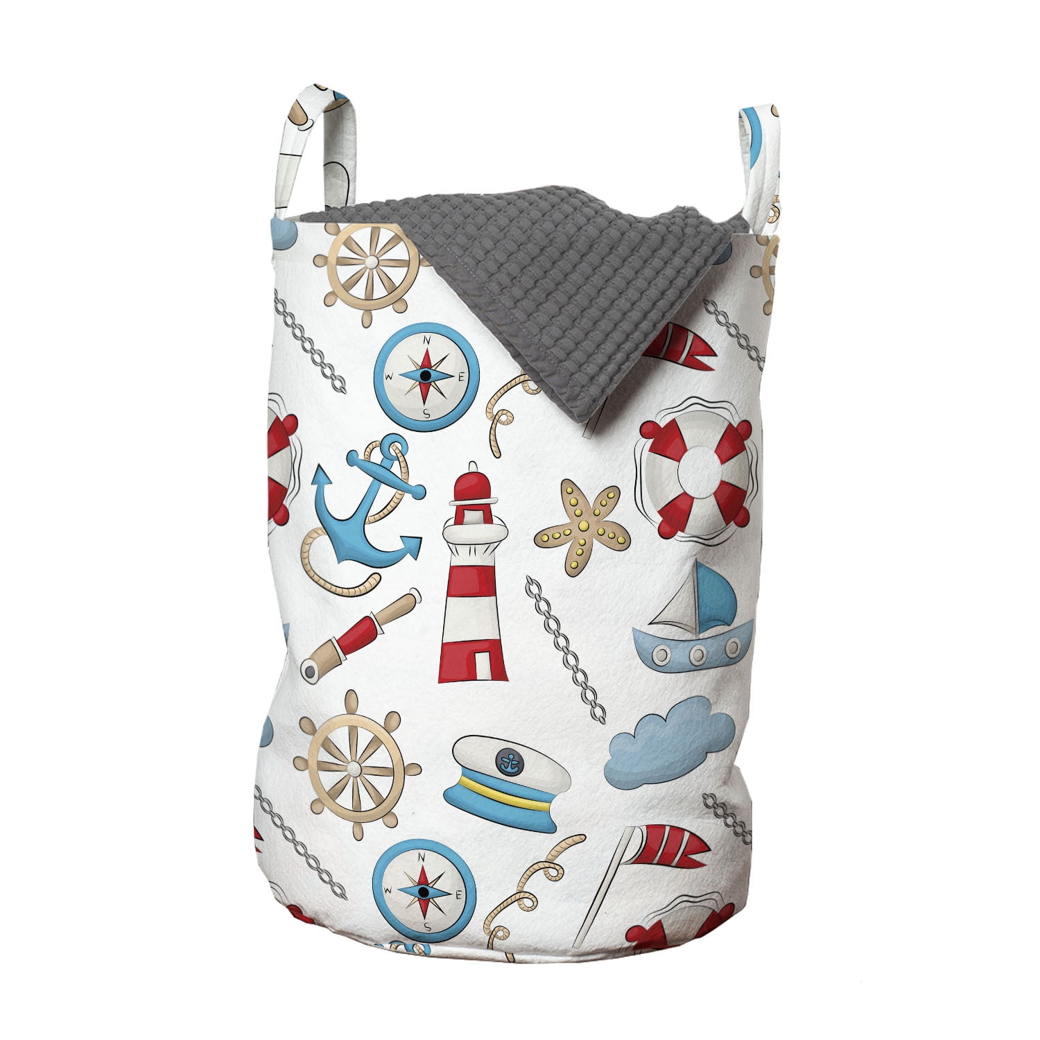 Nautical Laundry Bag, Childish Sea Lighthouse Steering Wheel Life ...