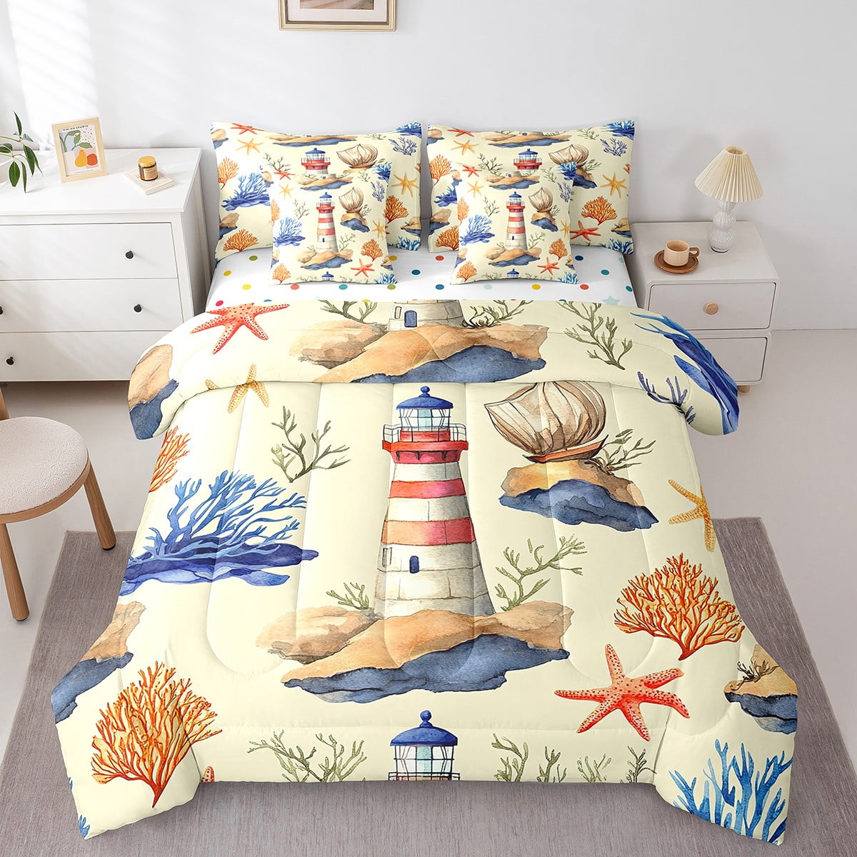 Nautical Lighthouse 7 Piece Comforter Set Full Bed in a Bag Ocean Sheet ...