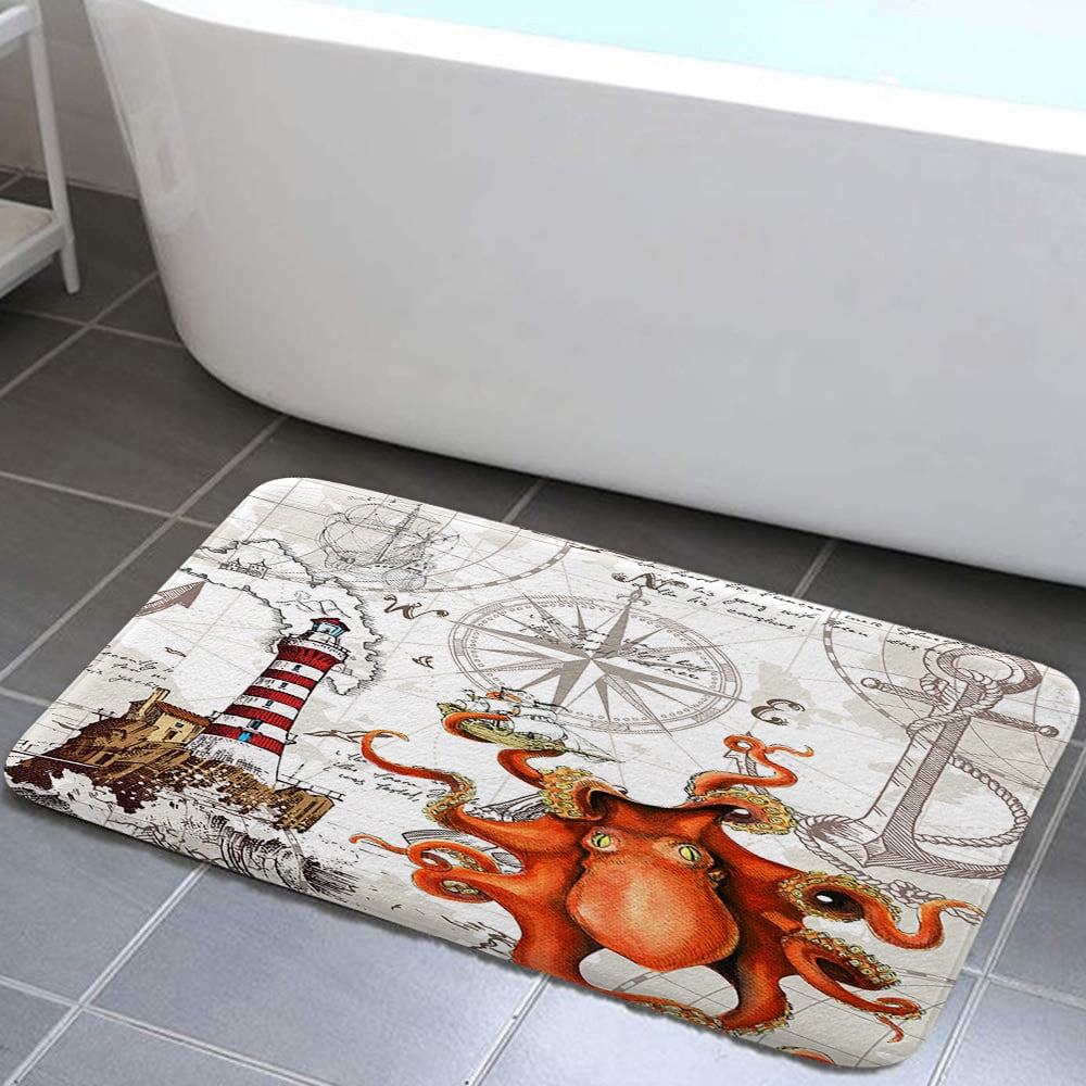 Nautical Lighthouse Anchor Bath Mat, Sea Monster Octopus Bath Rug, Non ...