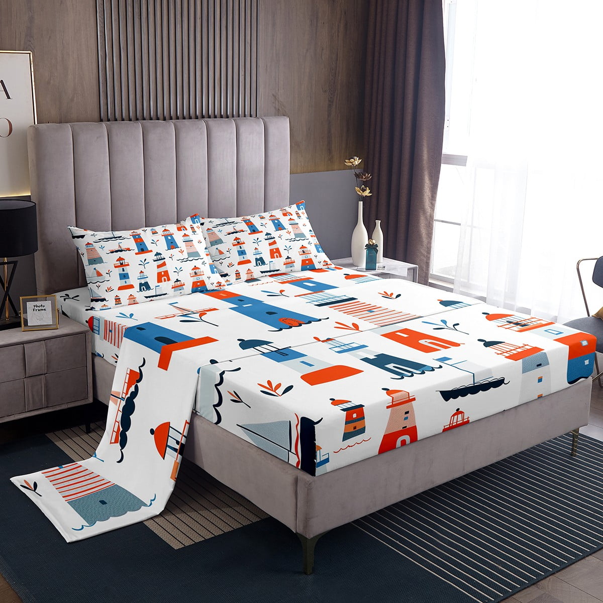 Nautical Lighthouse Bed Sheets Set Sailboat Sheets,Ocean Theme Sketch ...