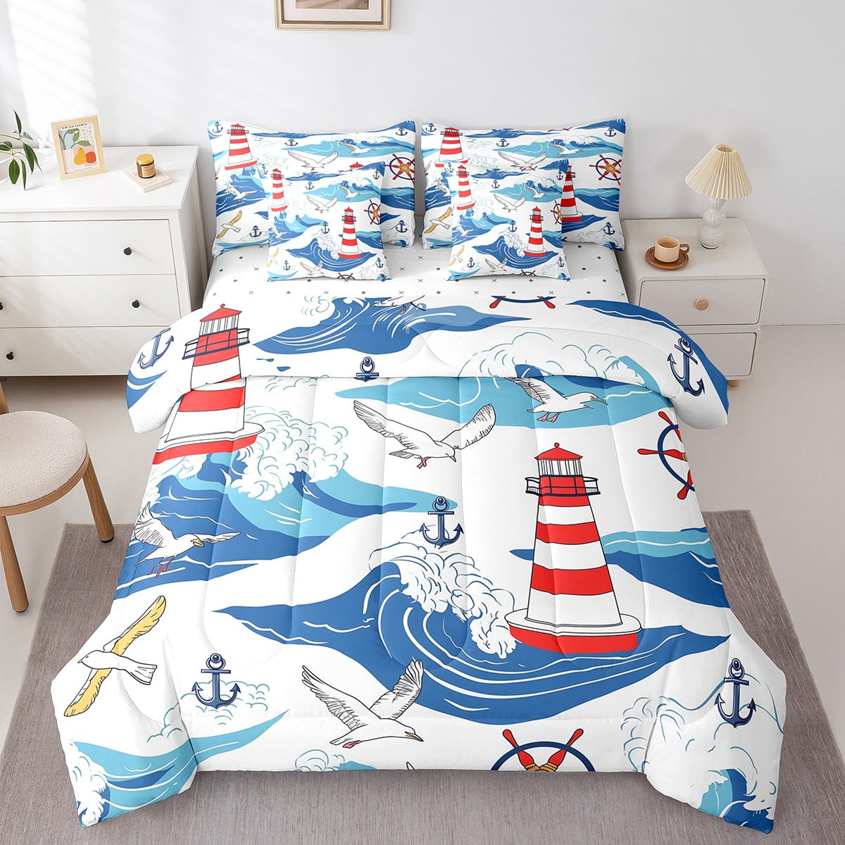 Nautical Lighthouse Bedding Comforter Sets 7-Piece Sea Ocean Wave Bed ...