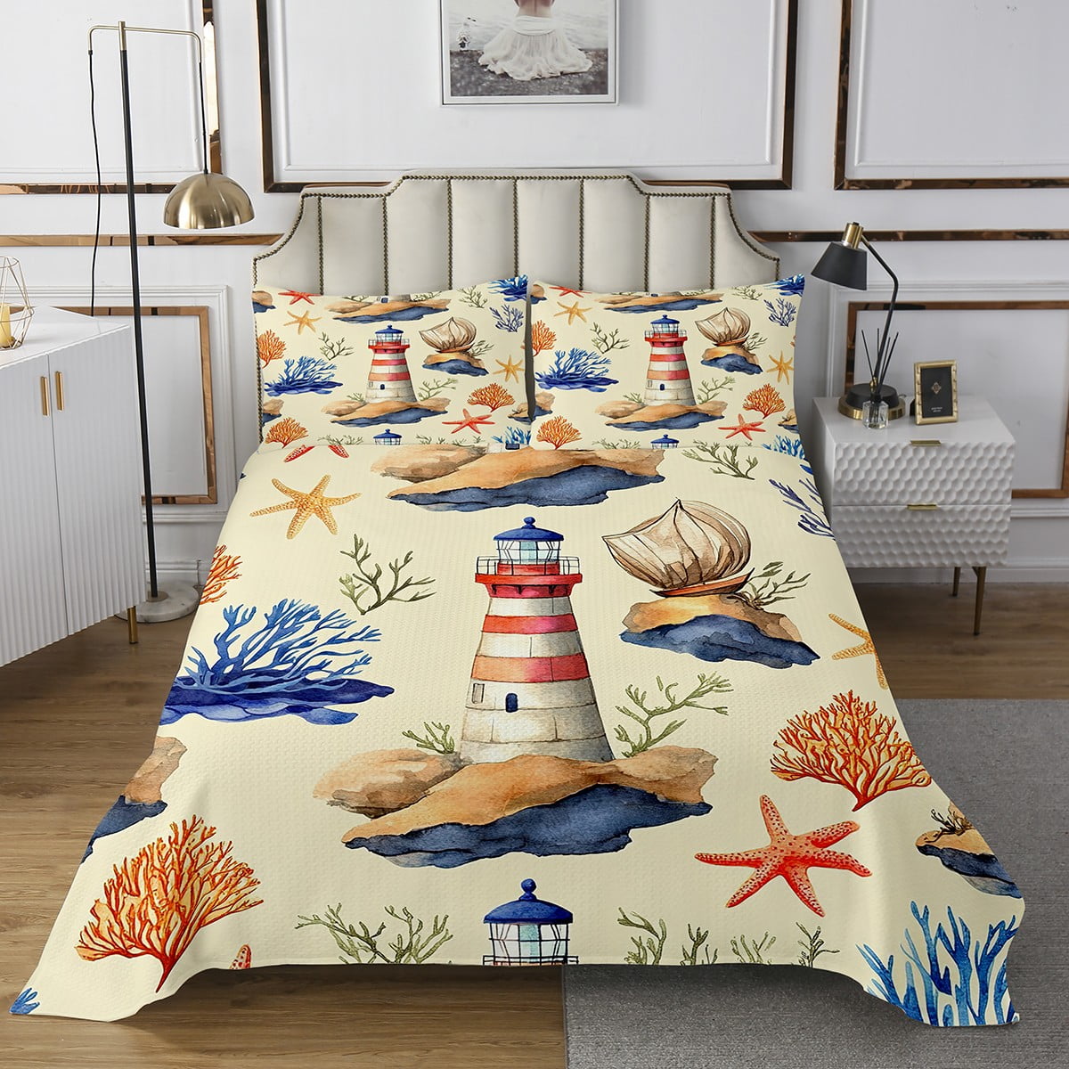 Nautical Lighthouse Bedspread Set Ocean Coverlet Set,Starfish Quilt Set ...