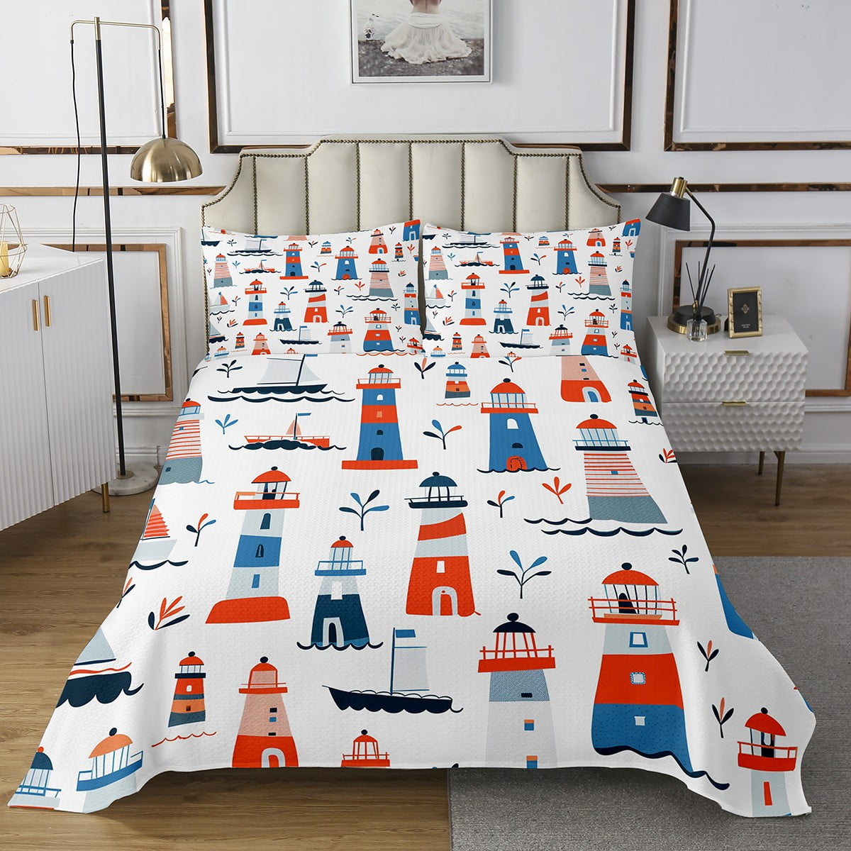 Nautical Lighthouse Bedspread Set Sailboat Coverlet Set,Ocean Theme ...
