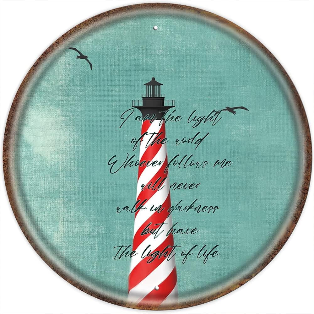 Nautical Lighthouse Bible Verses Round Tin Sign Beach Themed Bathroom ...