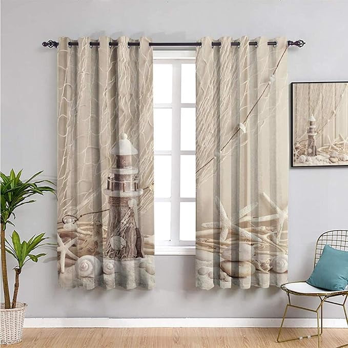Nautical Lighthouse Blackout Curtains, Marine Fishing Net Sea Stars And ...