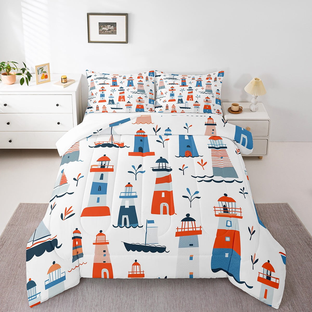 Nautical Lighthouse Comforter Sets Sailboat Bed Set,Ocean Theme Sketch ...