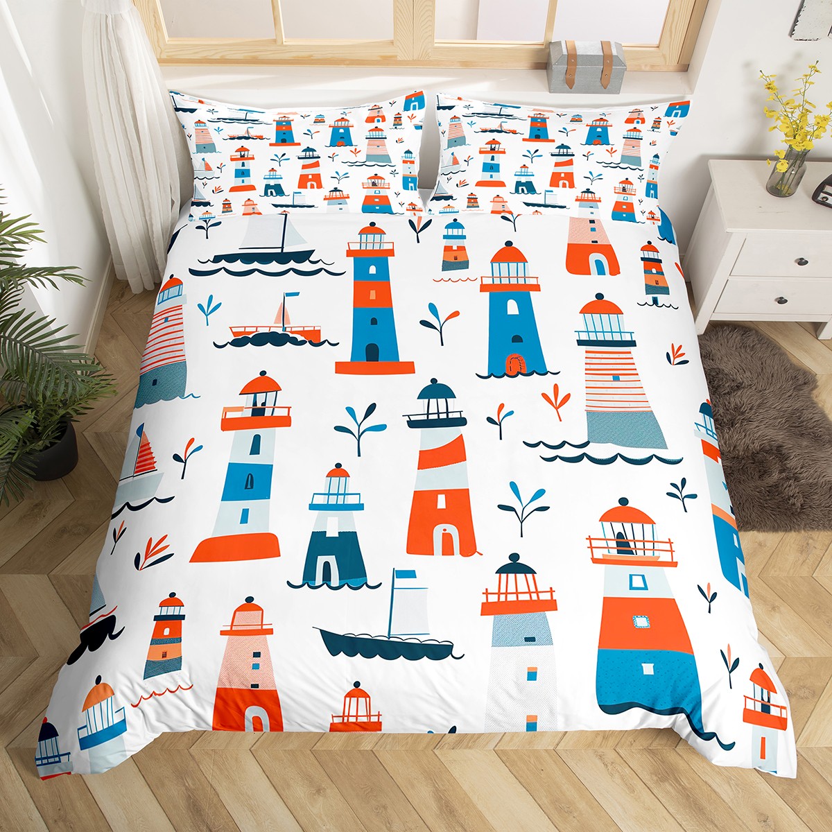 Nautical Lighthouse Duvet Cover Set Sailboat Comforter Cover,Ocean ...