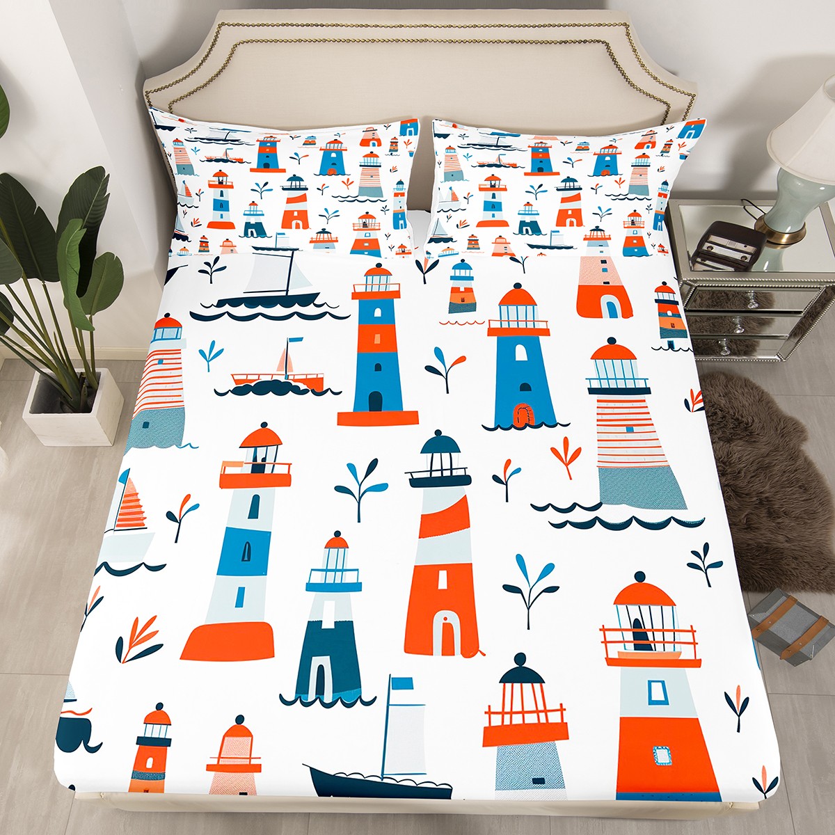 Nautical Lighthouse Fitted Sheet Sailboat Sheets,Ocean Theme Sketch Bed ...