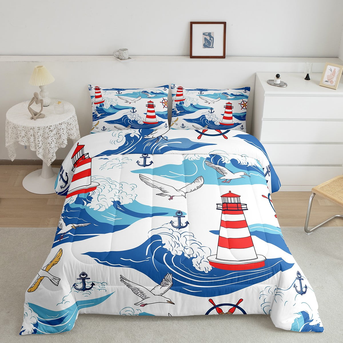 Nautical Lighthouse Full Comforter Set Sea Ocean Wave Bedding Set ...