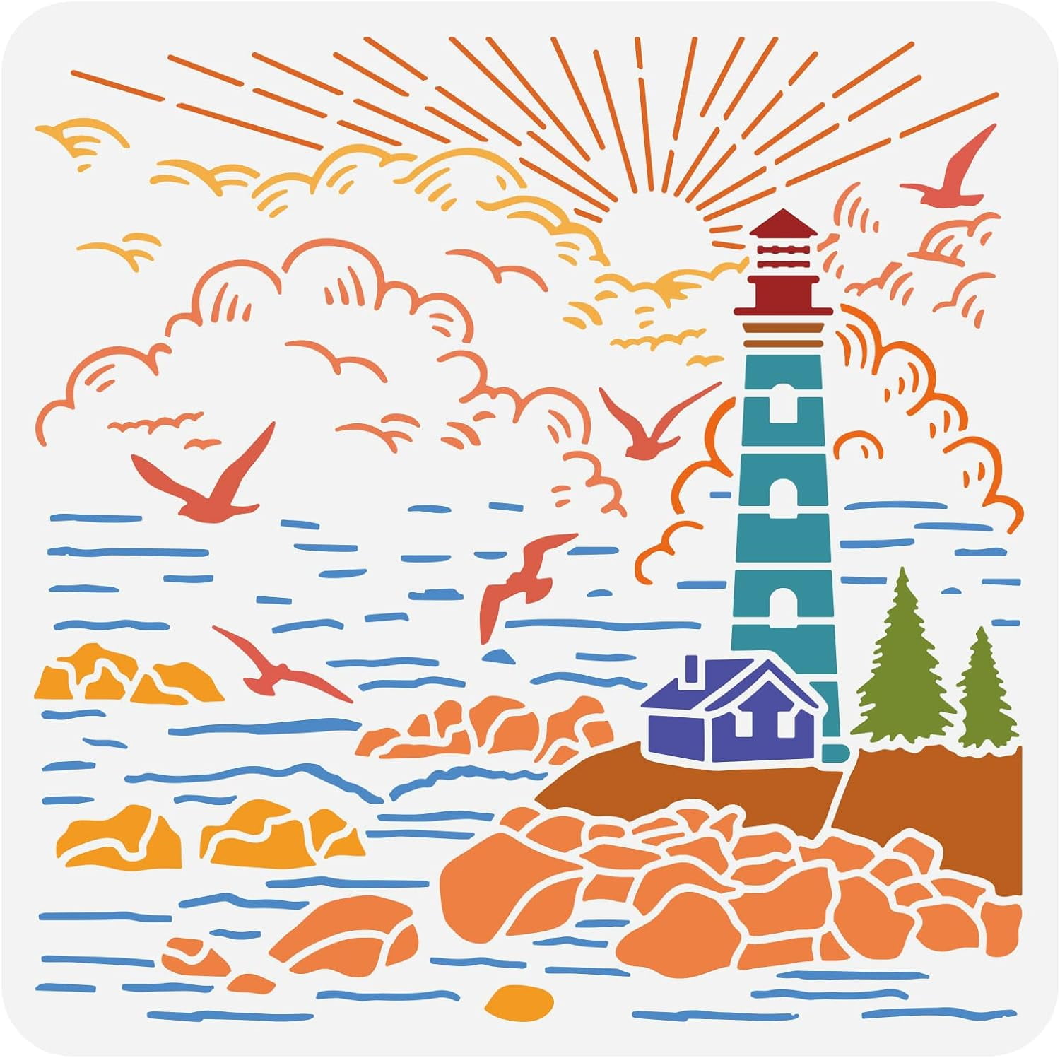 Nautical Lighthouse Stencil Seagull Sun Reusable Drawing Stencils 12x12 ...