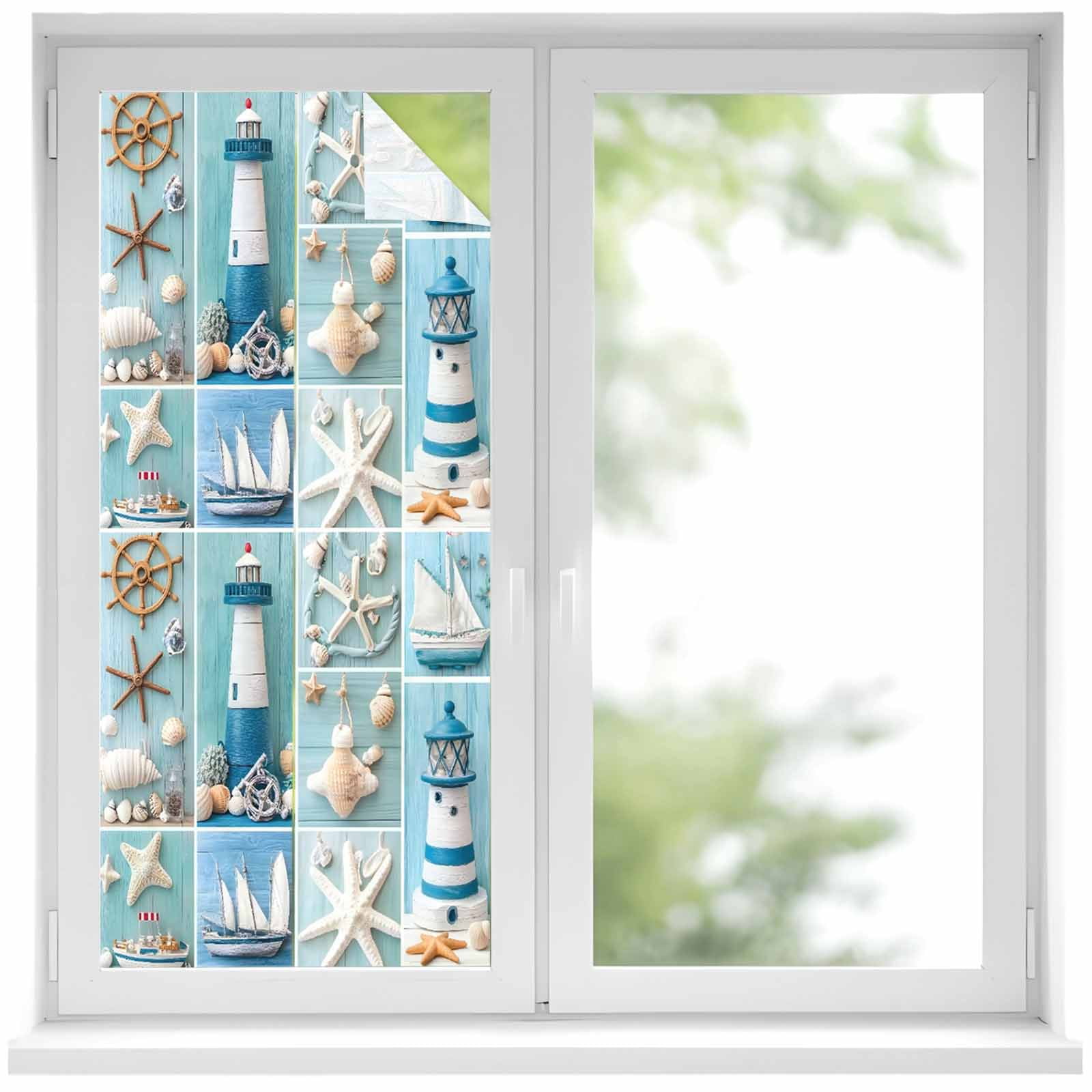 Nautical Lighthouse Window Privacy Film, Ocean Starfish Anchor Sailboat ...