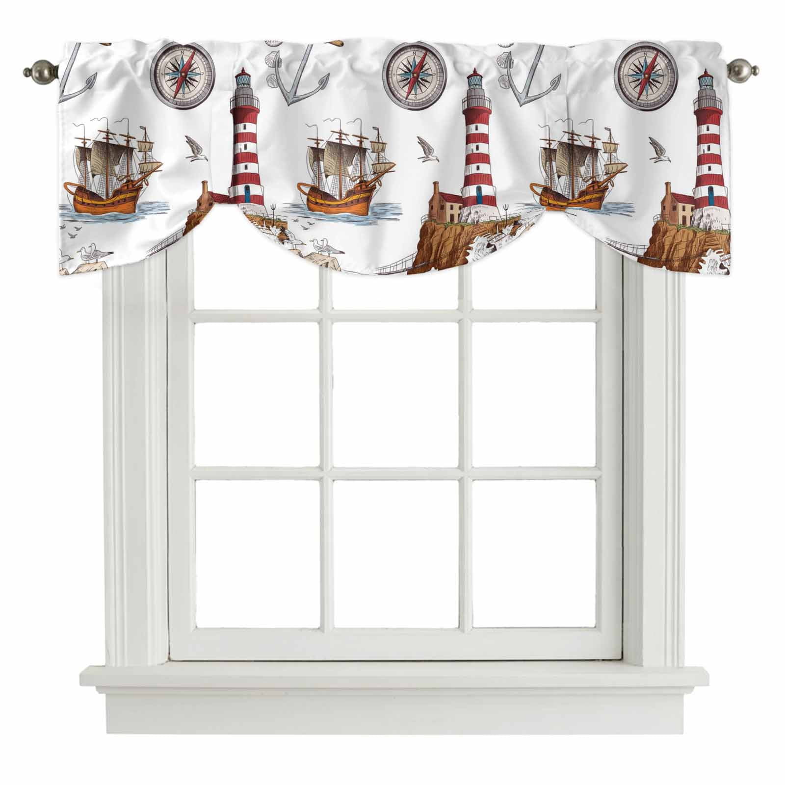 Nautical Lighthouses Tie Up Valance Curtains for Windows, Kitchen ...