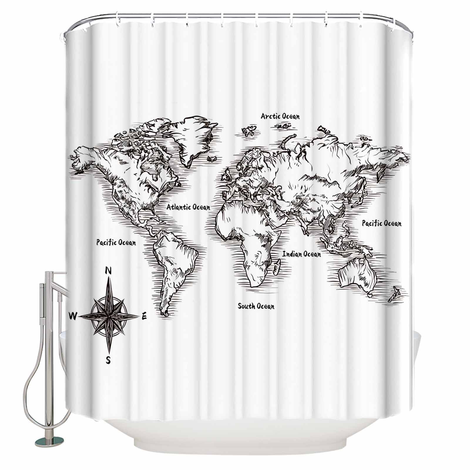 Nautical Map Bathroom Shower Curtains with 12 Hooks Polyester ...
