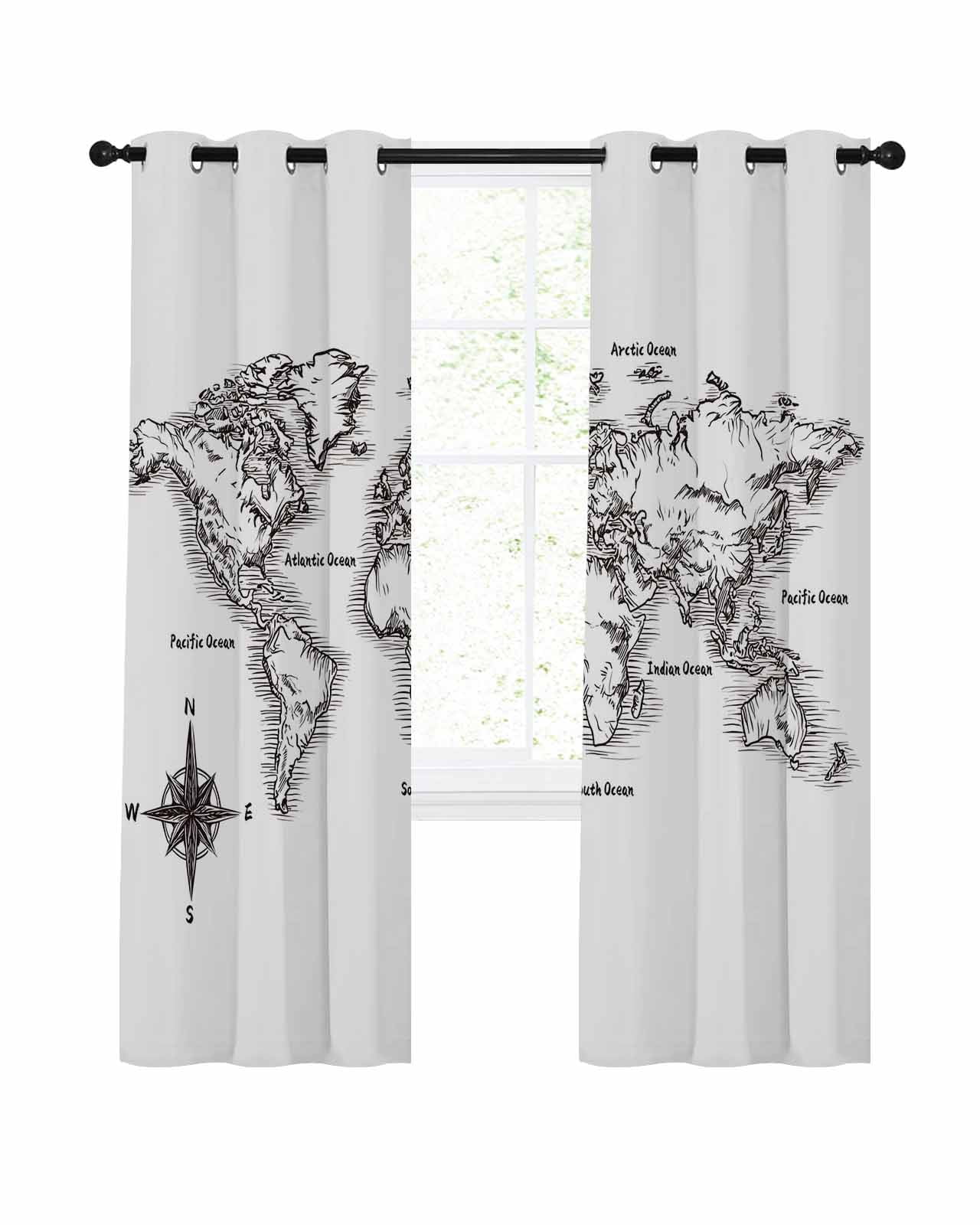 Nautical Map Blackout Curtains, Light Blocking Print Window Curtains ...