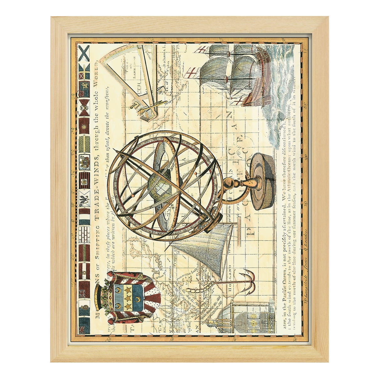 Nautical Map I -Framed Print w/glass-Natural Wood - Walmart.com