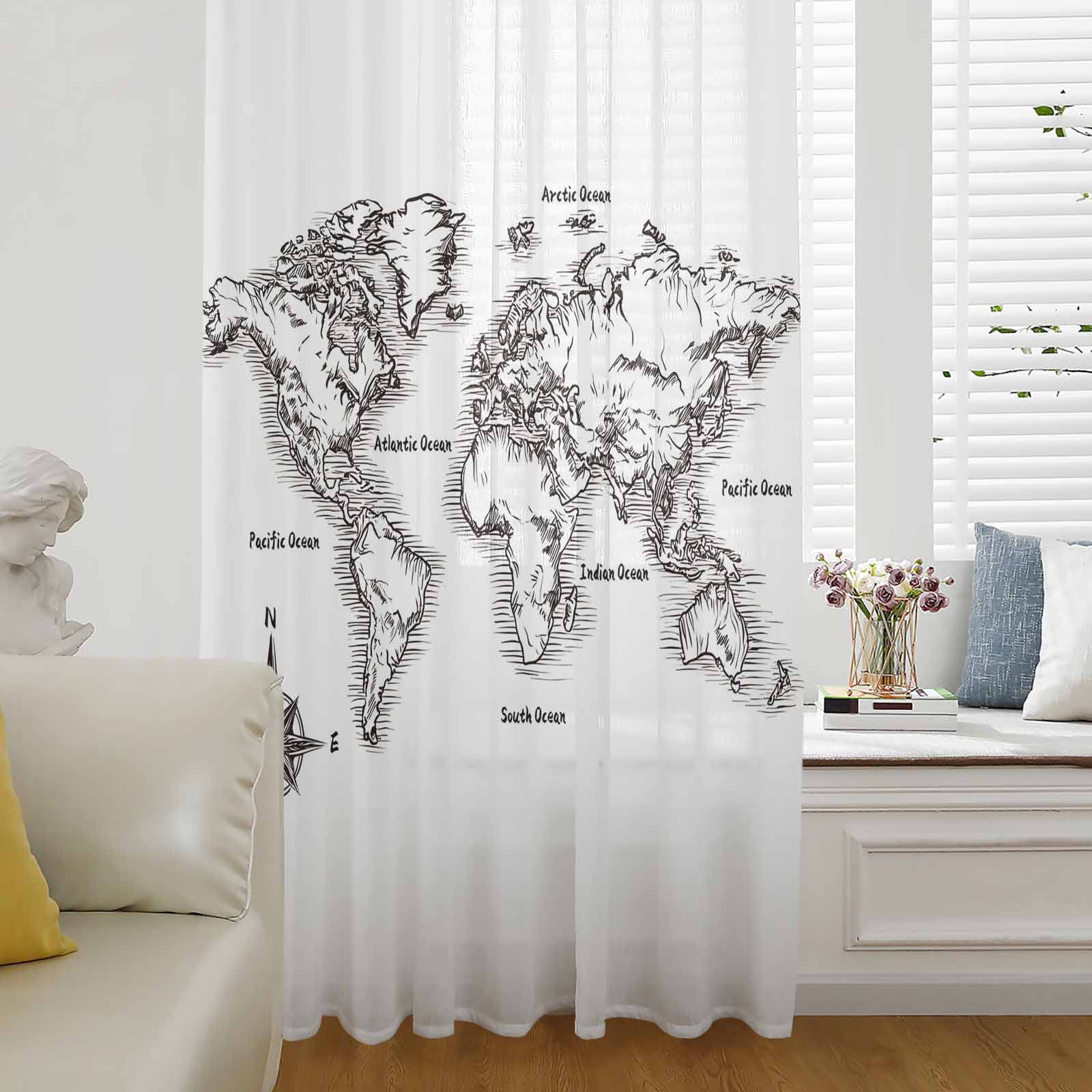 Nautical Map Semi Sheer Curtains Drapes for Living Room, Bedroom ...