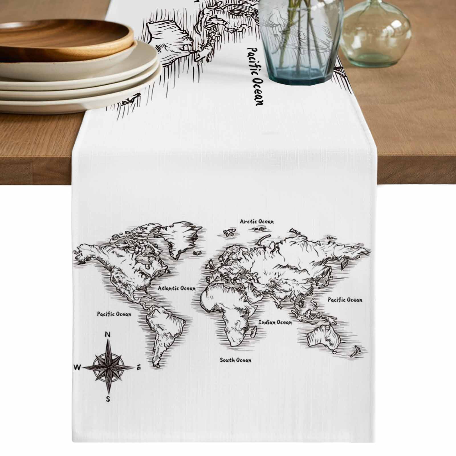 Nautical Map Table Runner 72 Inches, Coastal Vintage Ocean Map Compass ...