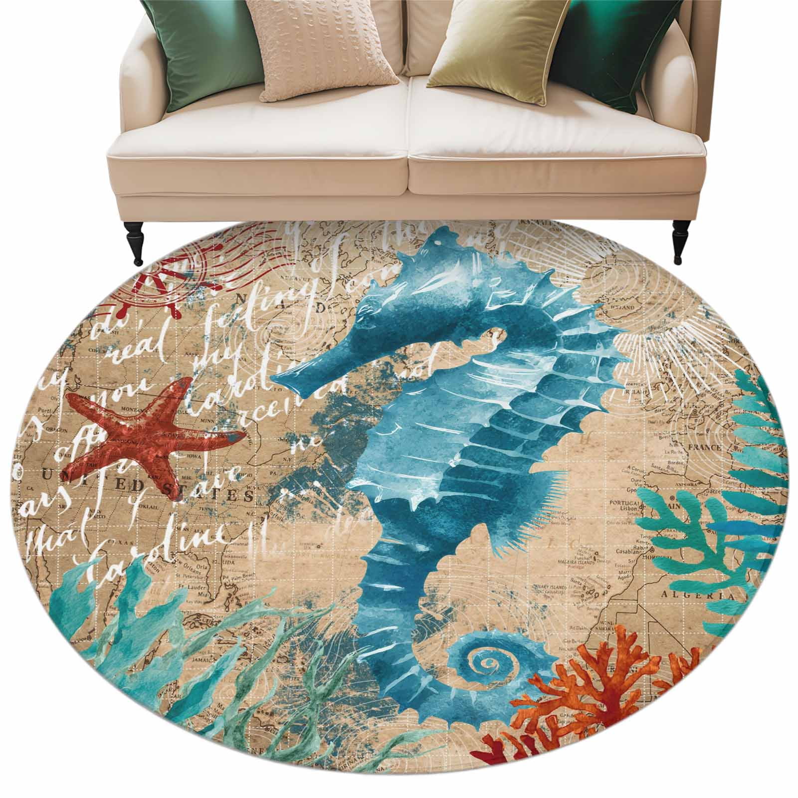 Nautical Marine Life Area Rug, Hippocampus Starfish Coral Seaweed Blue ...