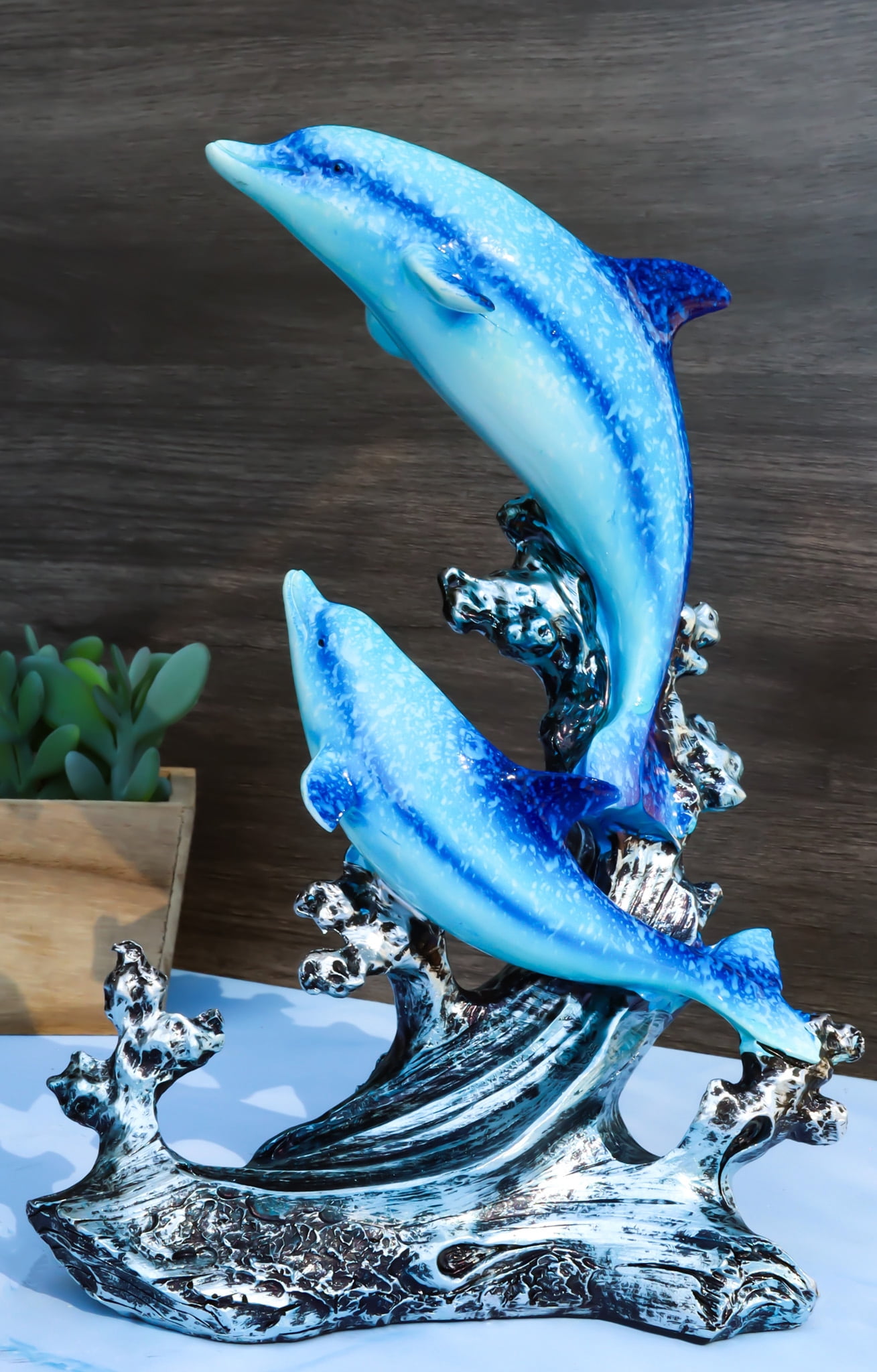 Nautical Marine Sea Ocean 2 Blue Dolphins Leaping Out Of The Reef Waves ...