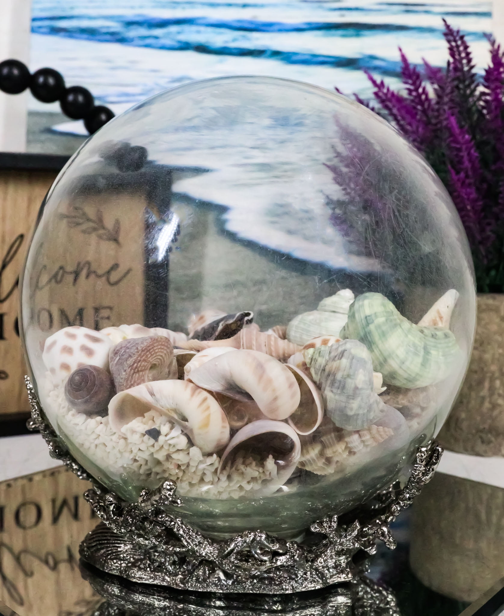 Nautical Marine Sea Shells Glass Globe Ball On Silver Coral Reef Metal ...