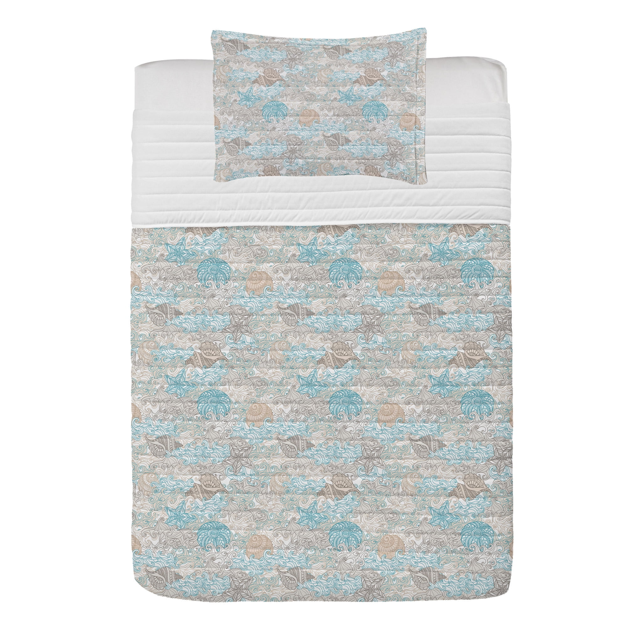 Nautical Microfiber Bedspread Set, Pastel Toned Sea Shell Starfish ...