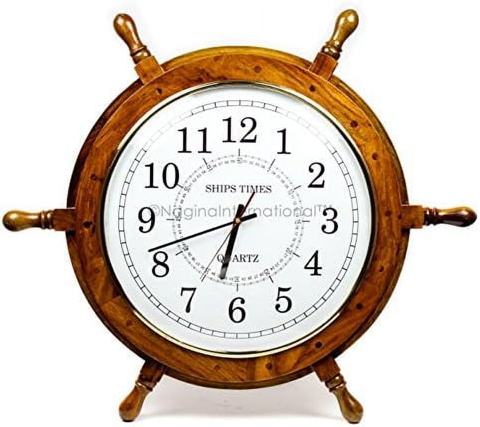 Nautical Moon Light Blue Large Wooden Ship Wheel with Ship's Time ...