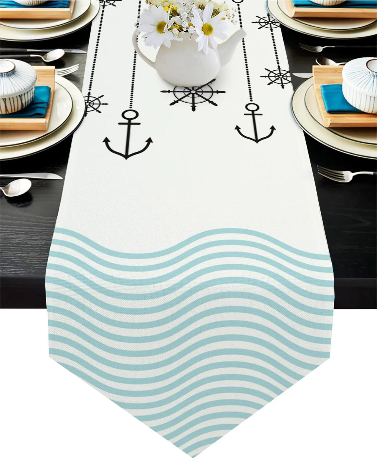Nautical Motifs Waves Anchors Table Runner Wedding Party Table ...