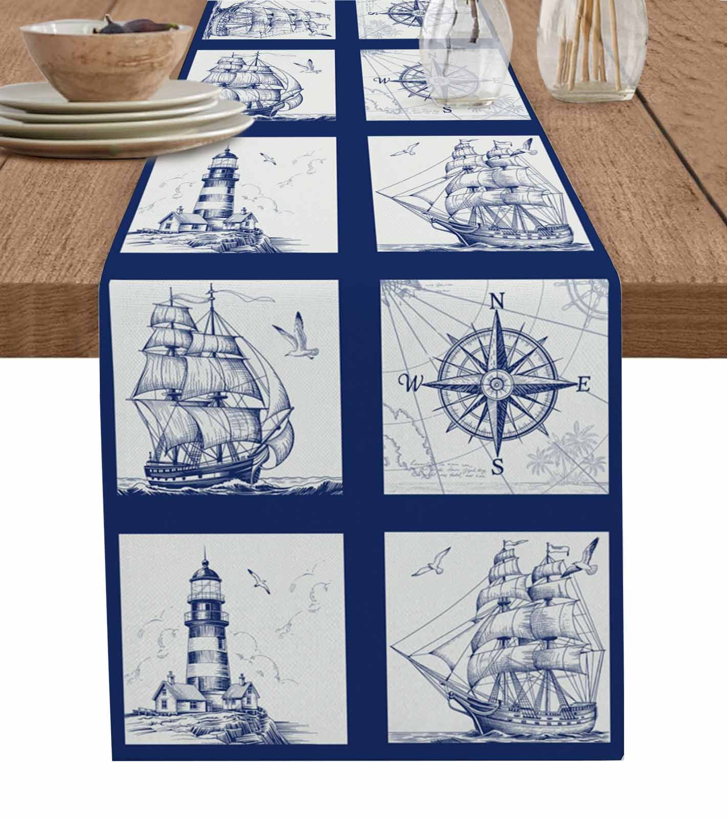 Nautical Navy Burlap Cotton Table Runner 13x36 Inches Short, Blue ...